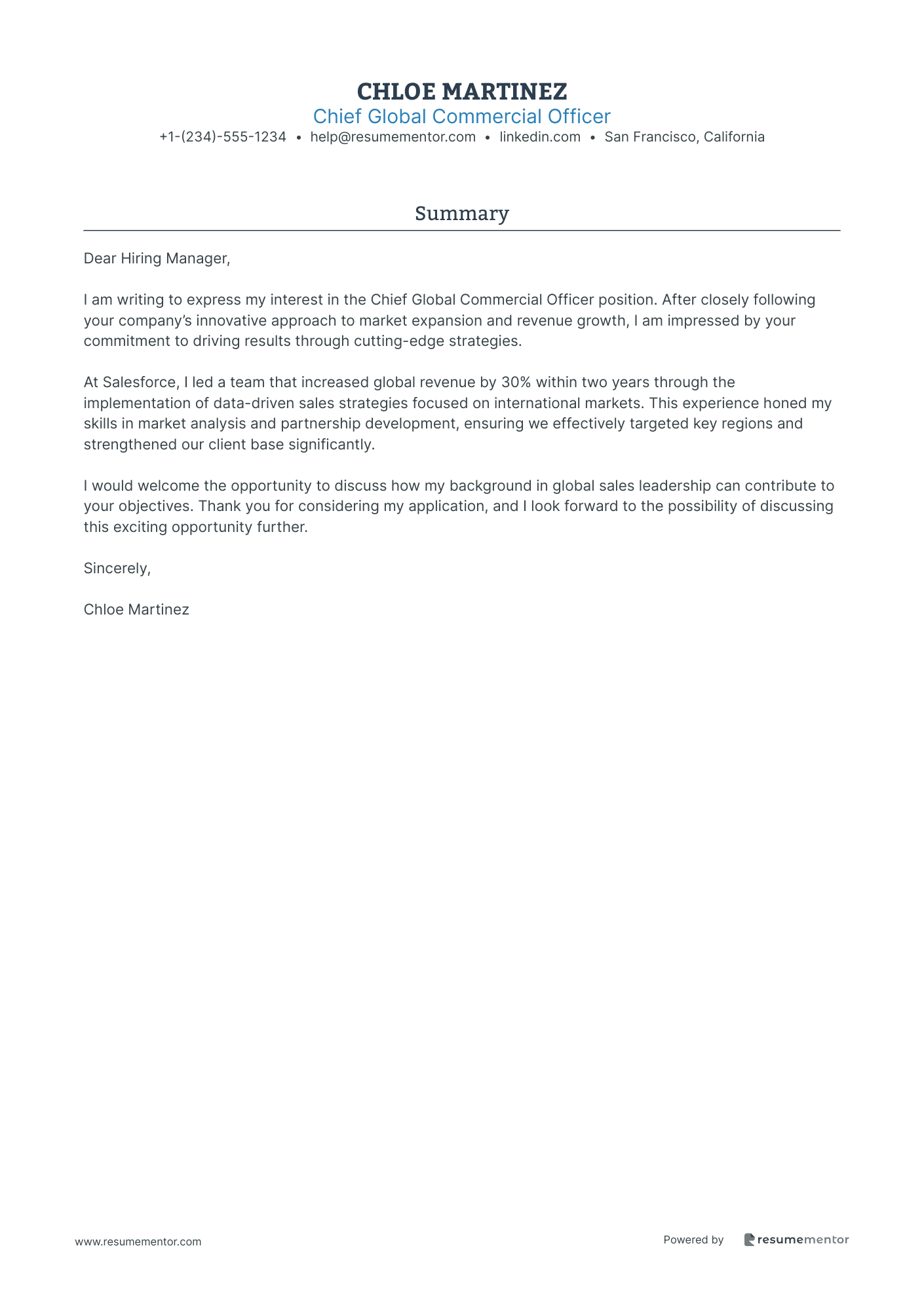 Chief Commercial Officer (CCO) Cover Letter Examples by ResumeMentor ...