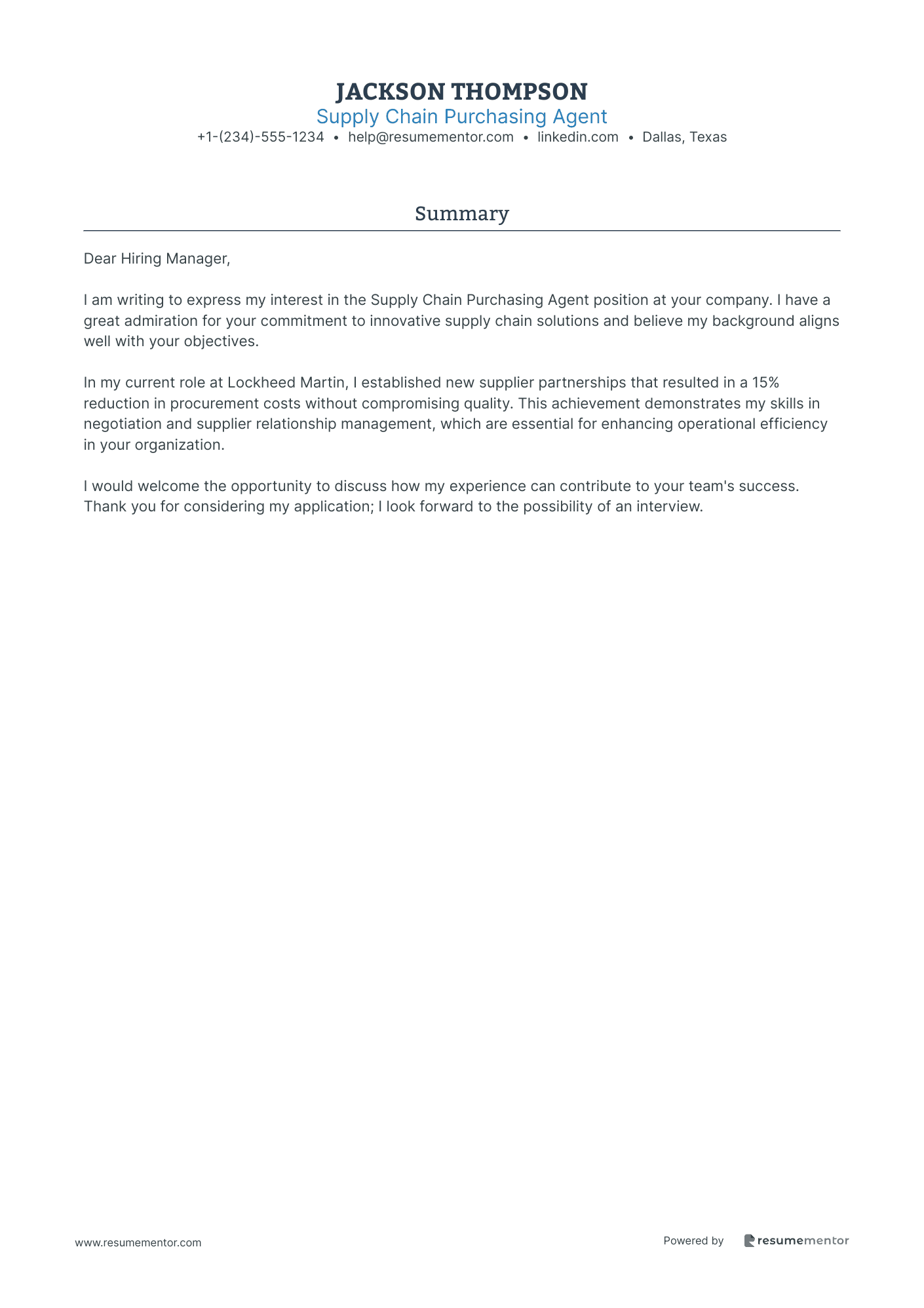 Purchasing Agent Cover Letter Examples by ResumeMentor.com ...