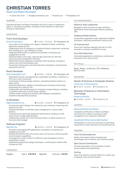 React Developer Resume Example - Free to Edit ATS-Friendly PDF - 2025