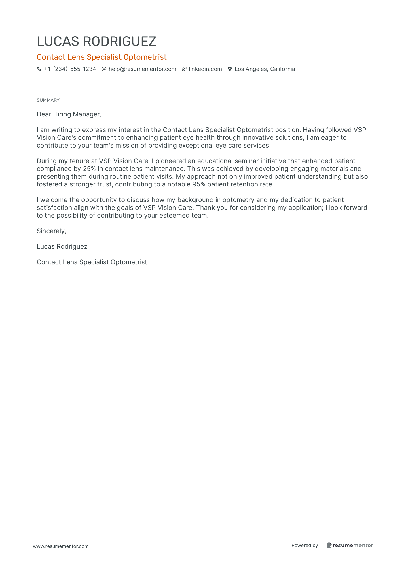 Optometrist Cover Letter Examples by ResumeMentor.com - Professional ...