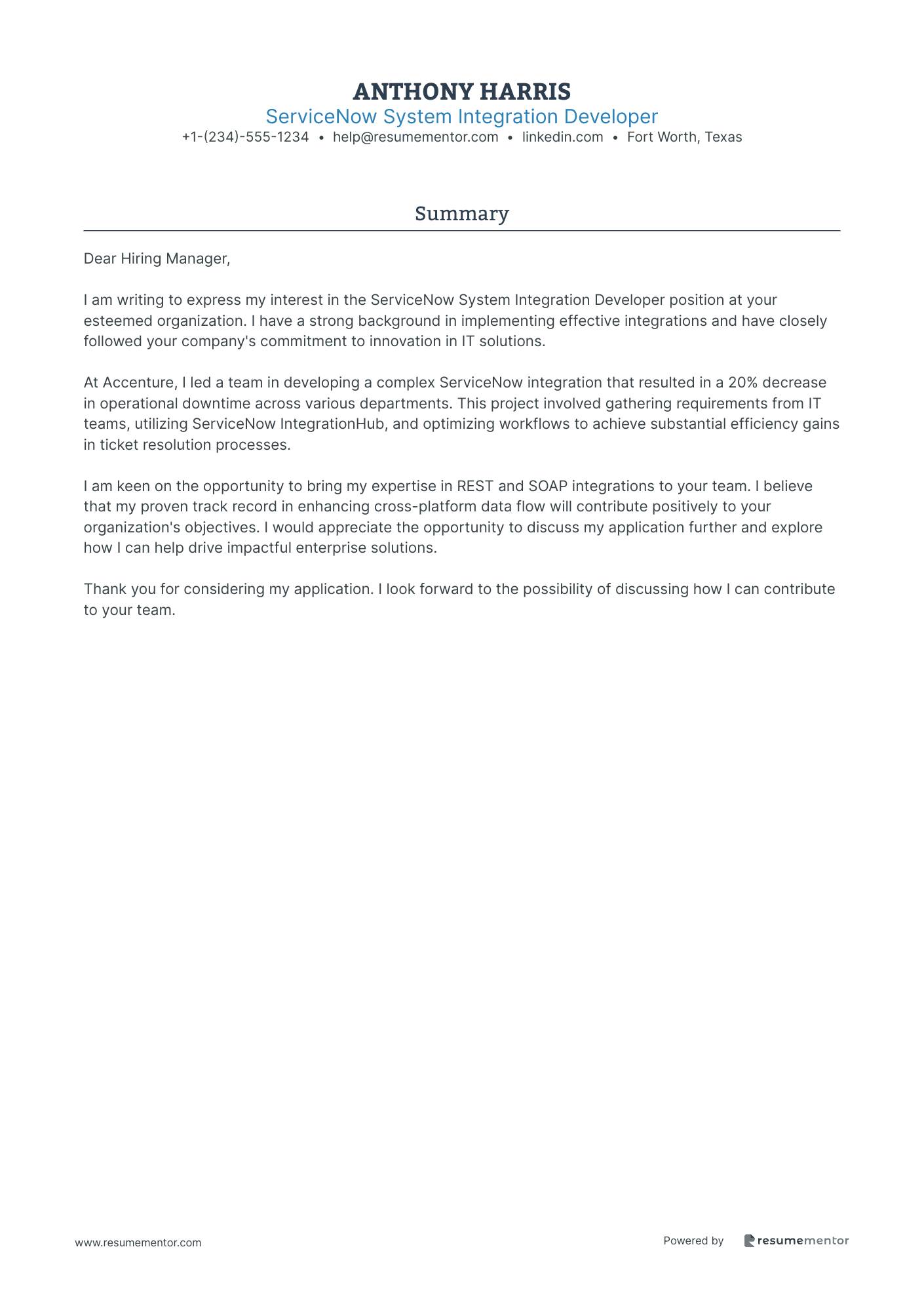 Servicenow Developer Cover Letter Examples by ResumeMentor.com ...