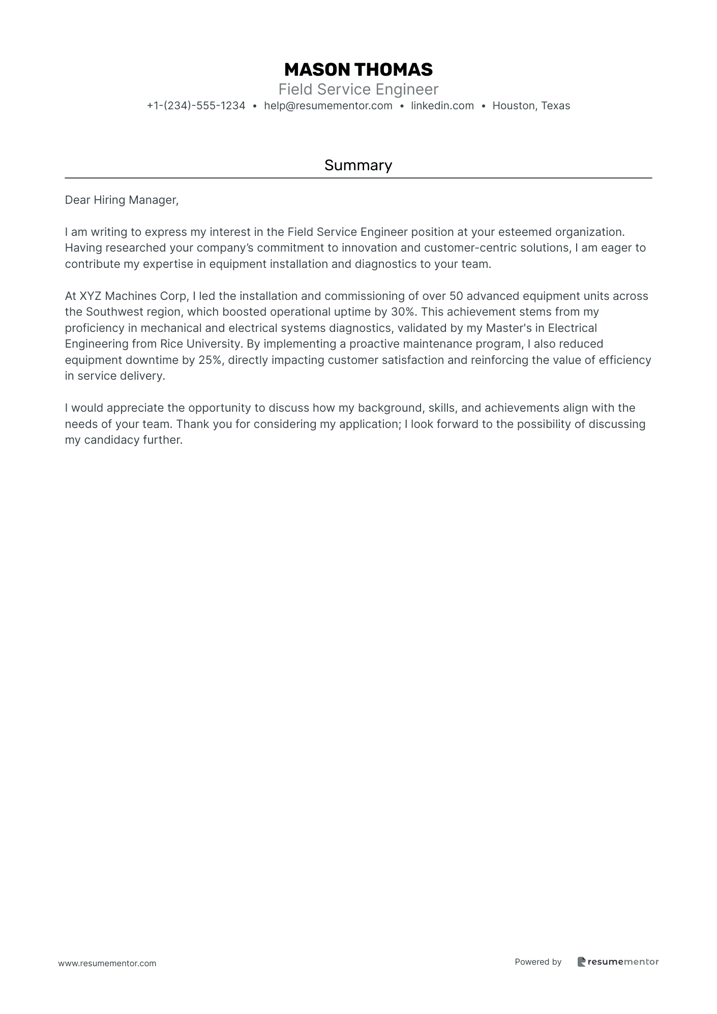 Field Engineer Cover Letter Examples by ResumeMentor.com - Professional ...