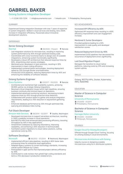 Golang Developer Resume Example - Free to Edit ATS-Friendly PDF - 2025