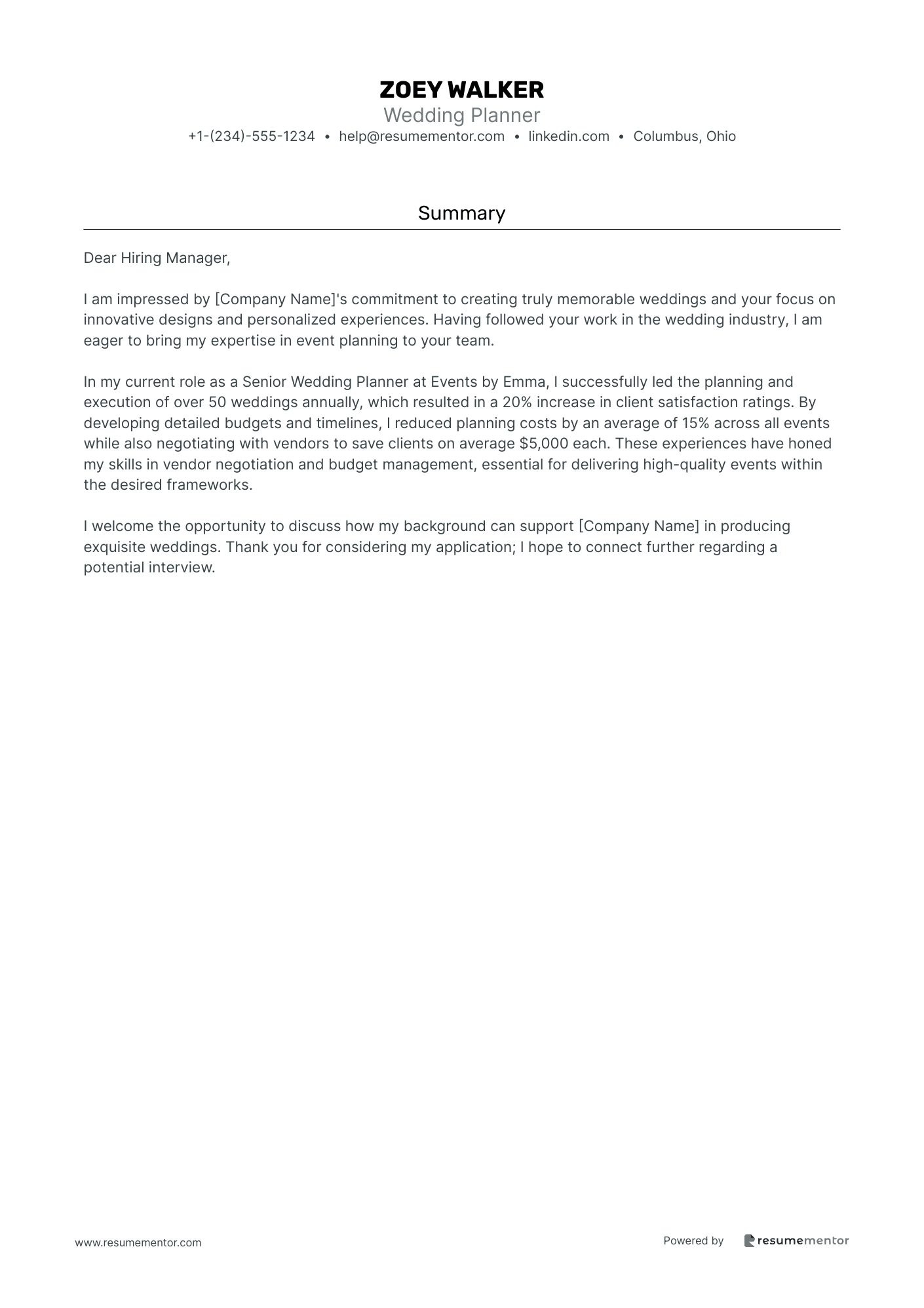 Event Planner Cover Letter Examples by ResumeMentor.com - Professional ...