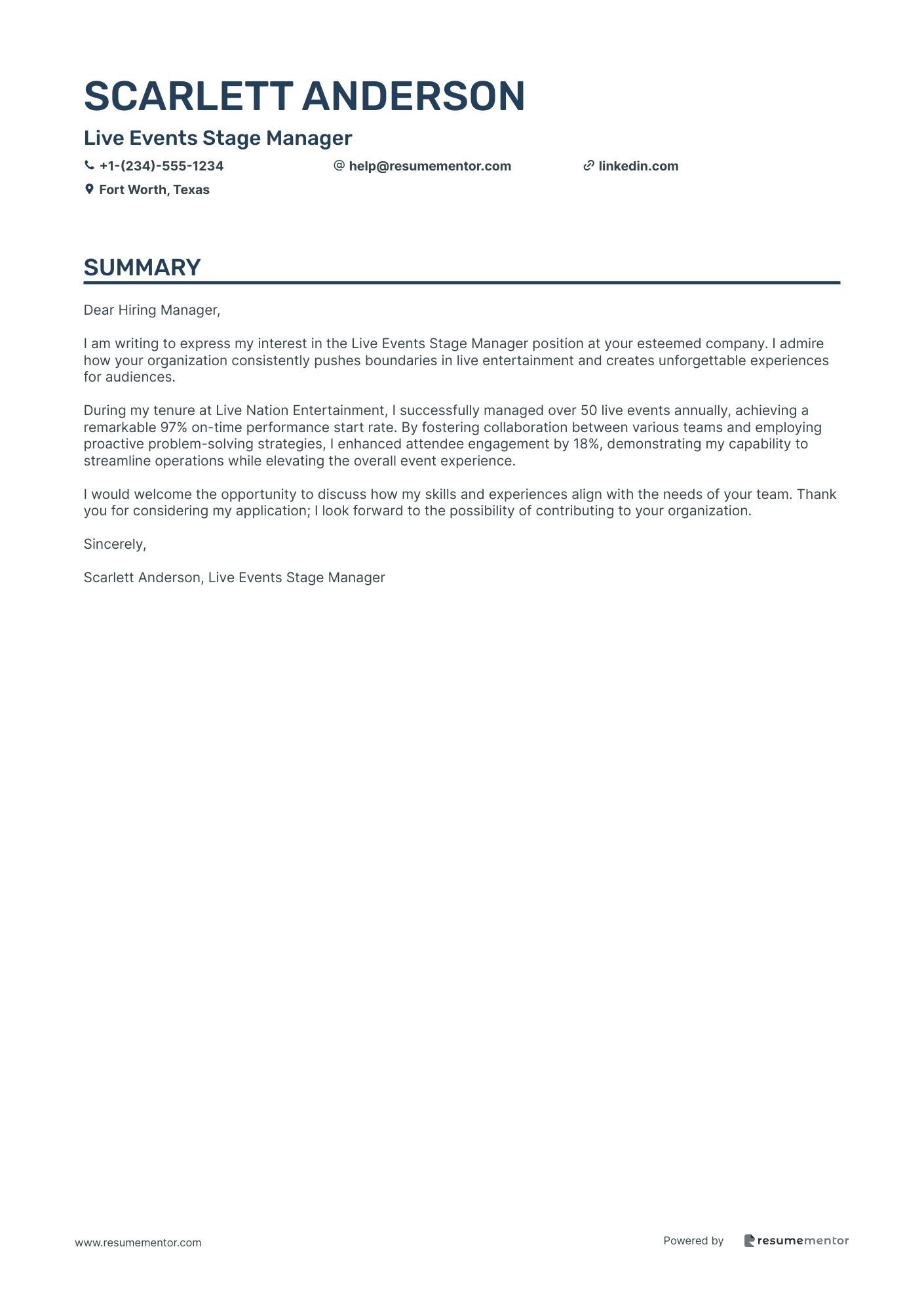 Stage Manager Cover Letter Examples by ResumeMentor.com - Professional ...