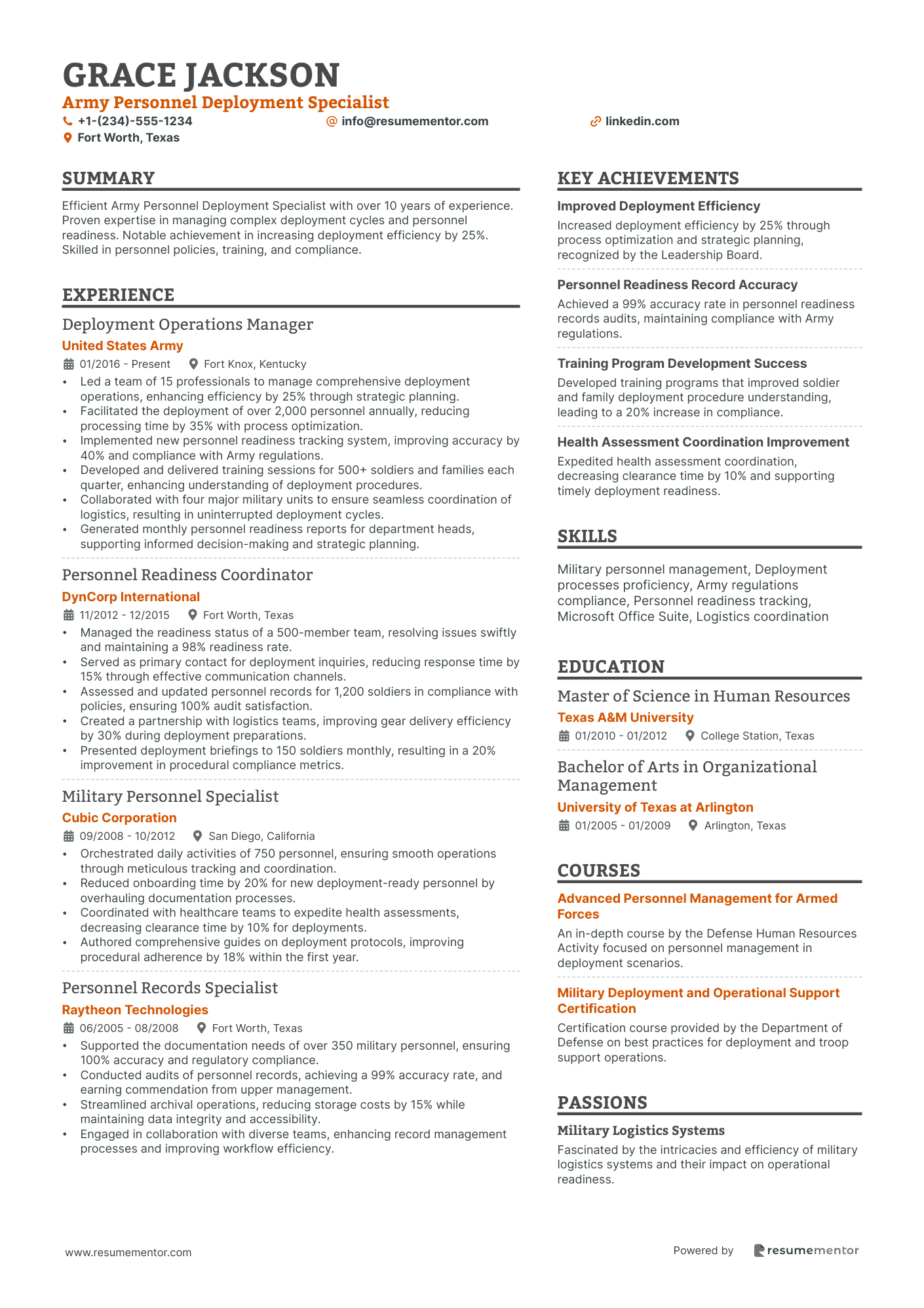 Army Human Resources Specialist Resume Example - Free to Edit ATS ...