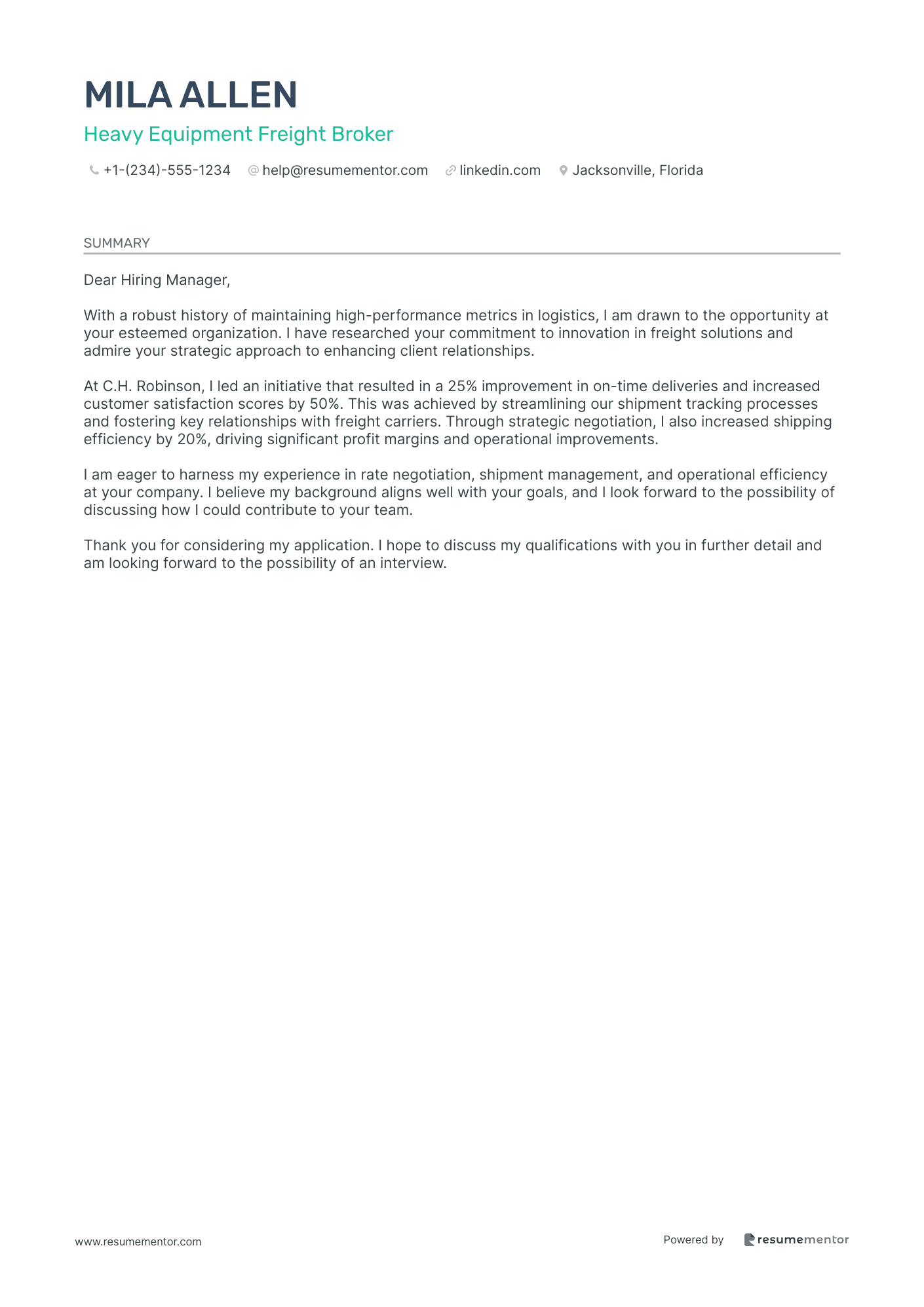 Freight Broker Cover Letter Examples by ResumeMentor.com - Professional ...