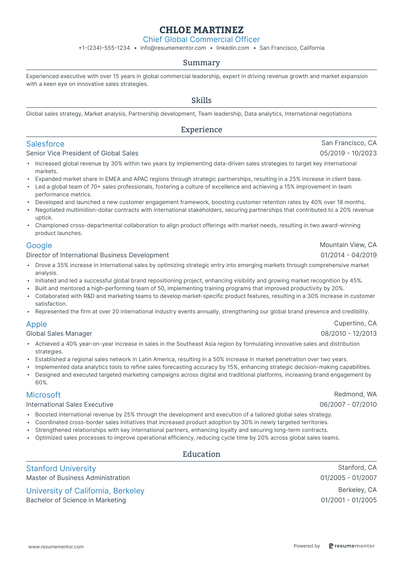 Chief Commercial Officer (CCO) Resume Example - Free to Edit ATS ...
