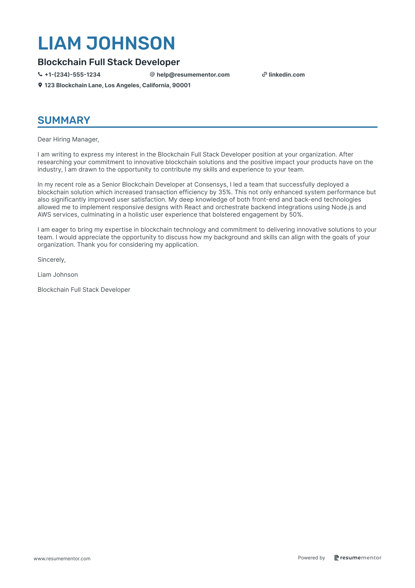 Full Stack Developer Cover Letter Examples by ResumeMentor.com ...