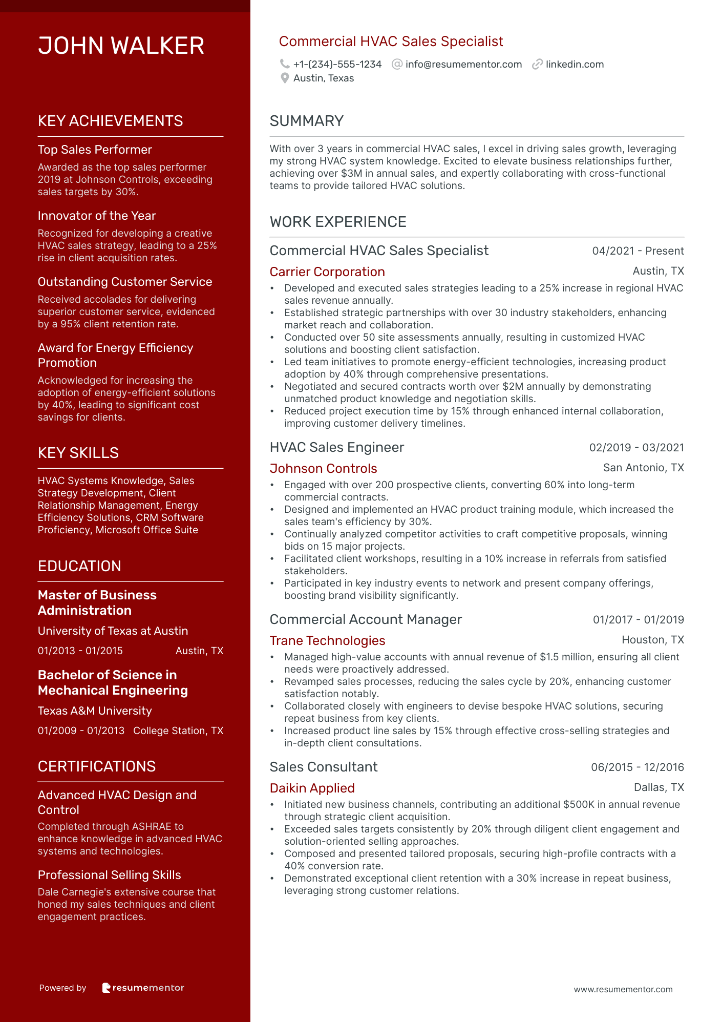 HVAC Sales Resume Example - Free to Edit ATS-Friendly PDF - 2025