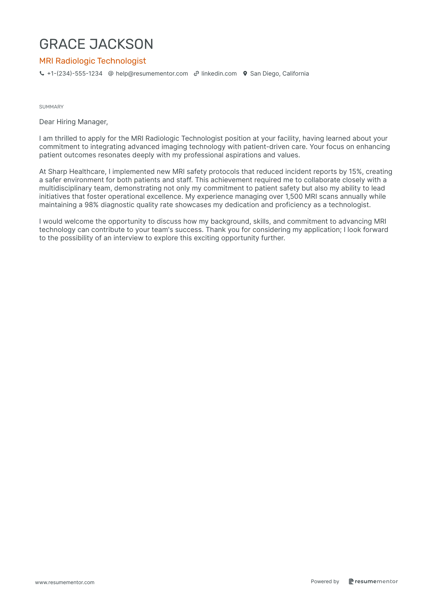 Radiologic Technologist Cover Letter Examples by ResumeMentor.com ...