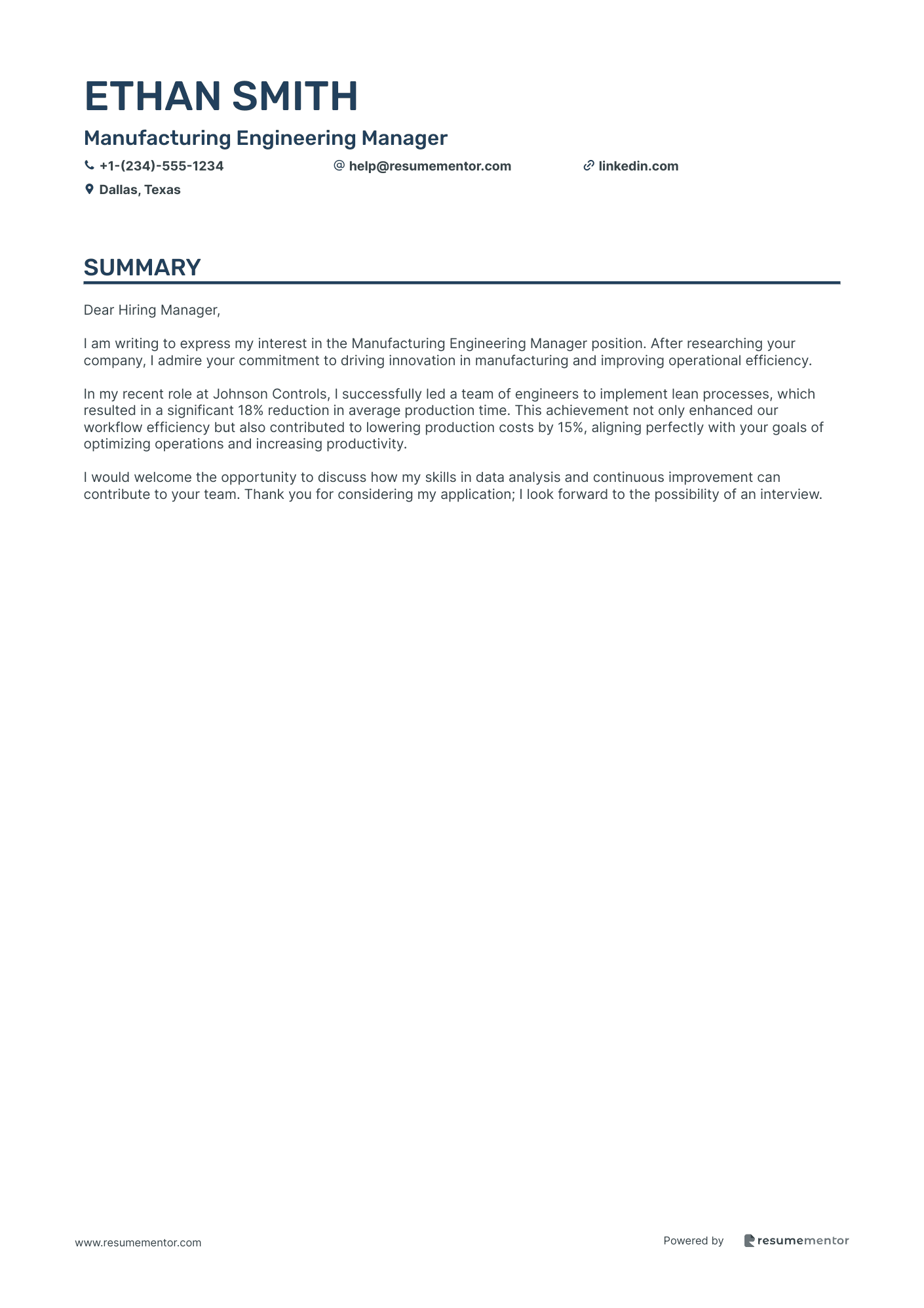 Engineer Manager Cover Letter Examples by ResumeMentor.com ...