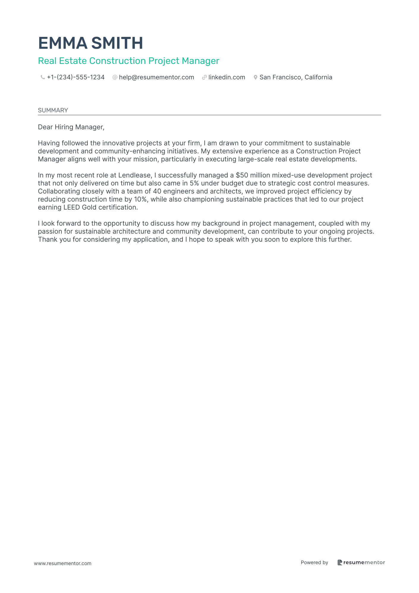 Real Estate Project Manager Cover Letter Examples by ResumeMentor.com ...