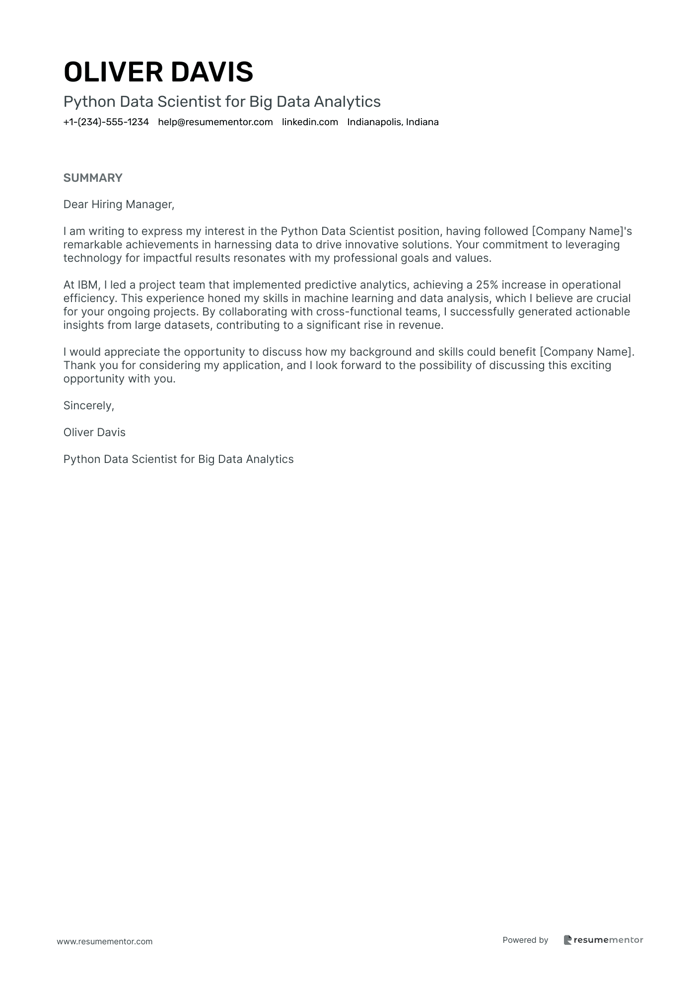 Python Data Scientiest Cover Letter Examples by ResumeMentor.com ...