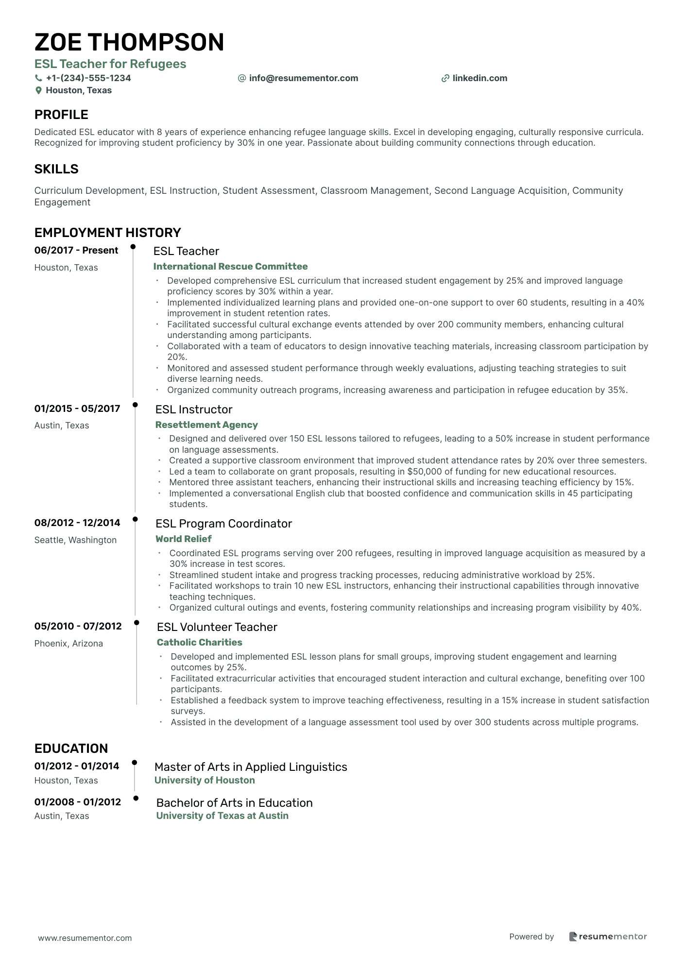 ESL Teacher Resume Examples - Free to Edit ATS-Friendly PDF - 2025
