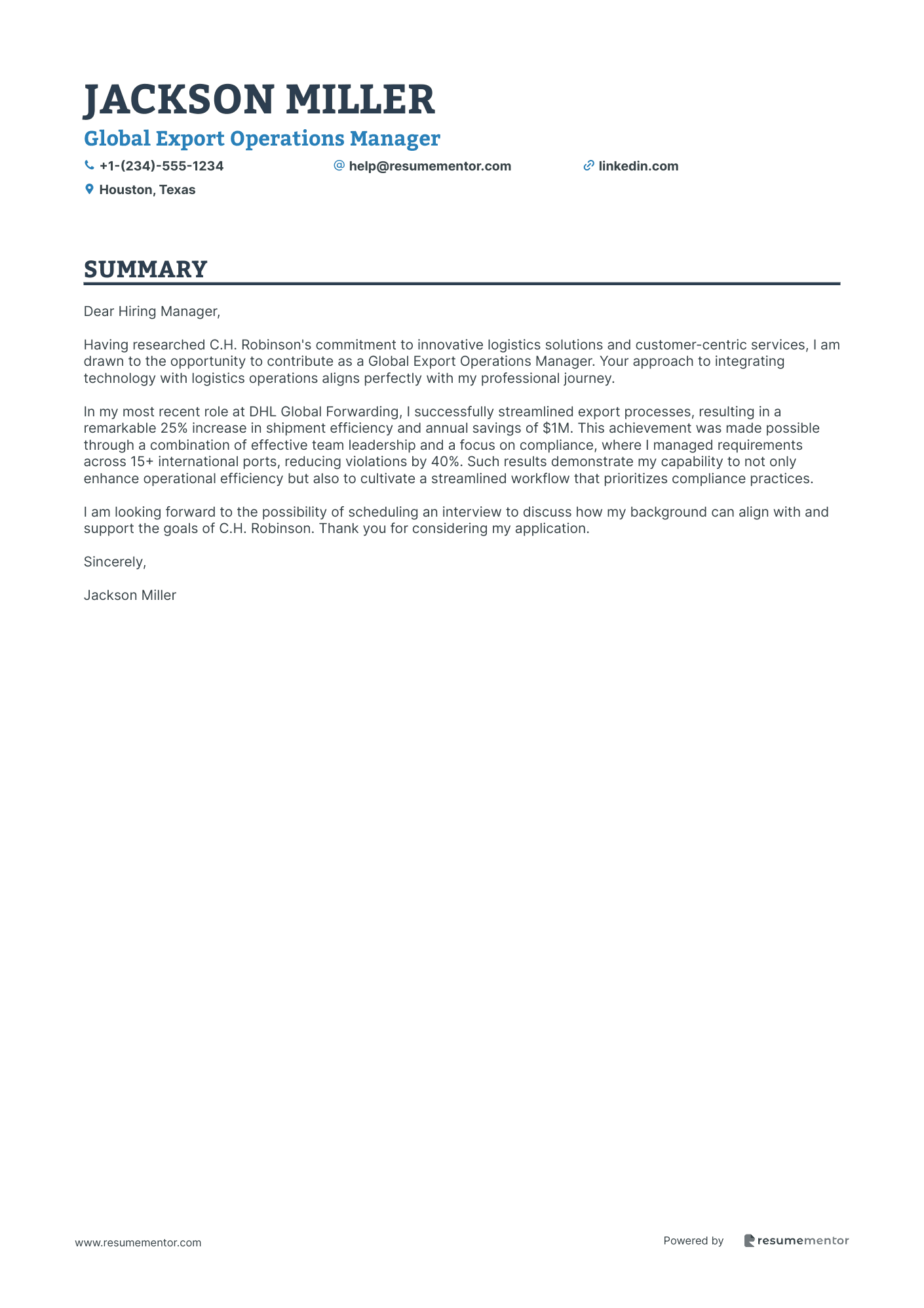 Export Manager Cover Letter Examples by ResumeMentor.com - Professional ...