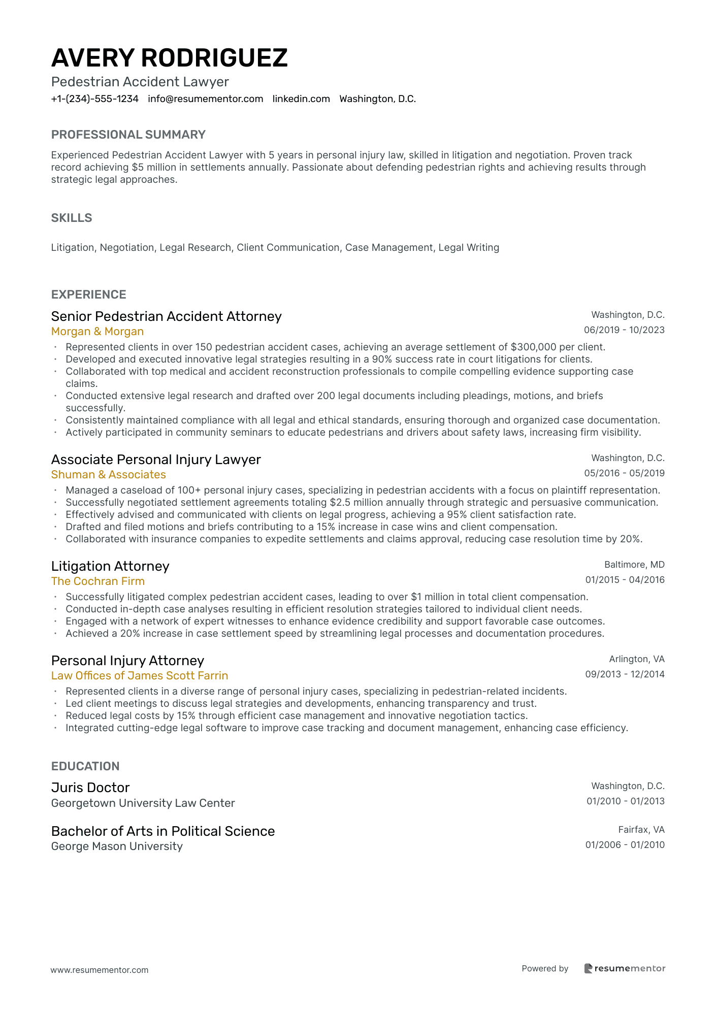 Personal Injury Attorney Resume Example - Free to Edit ATS-Friendly PDF ...