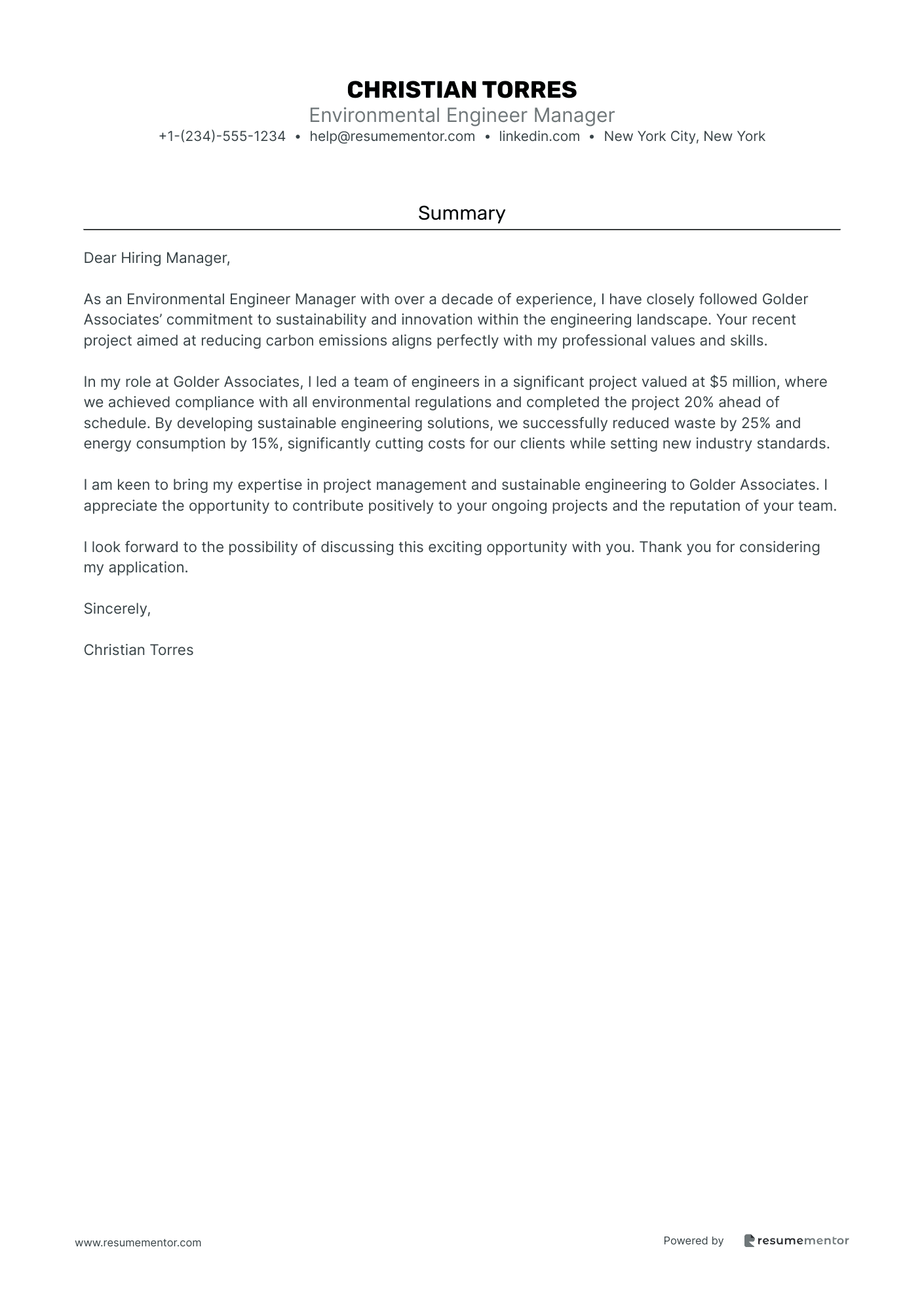 Engineer Manager Cover Letter Examples by ResumeMentor.com ...
