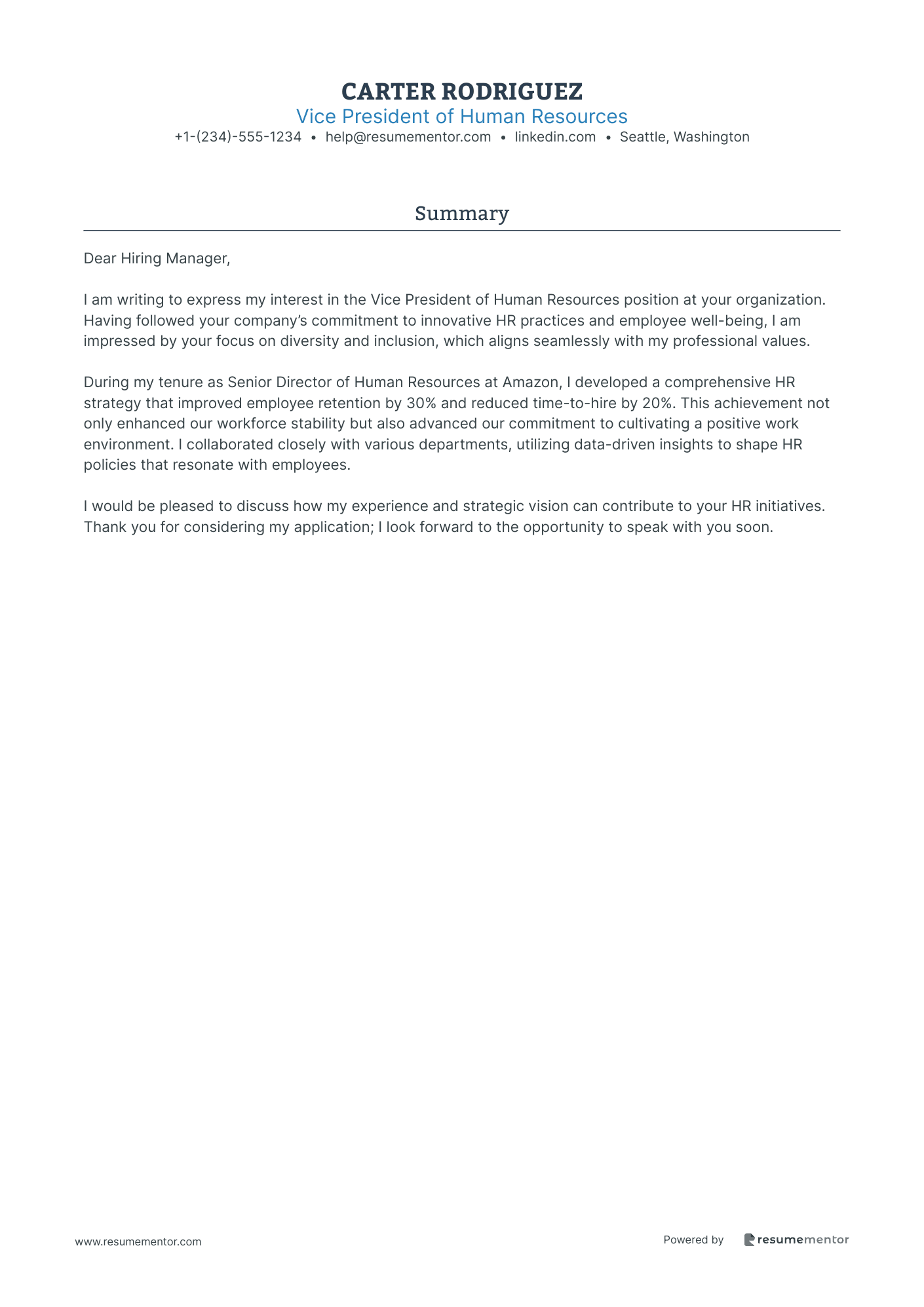 Vice President (VP) Cover Letter Examples by ResumeMentor.com ...