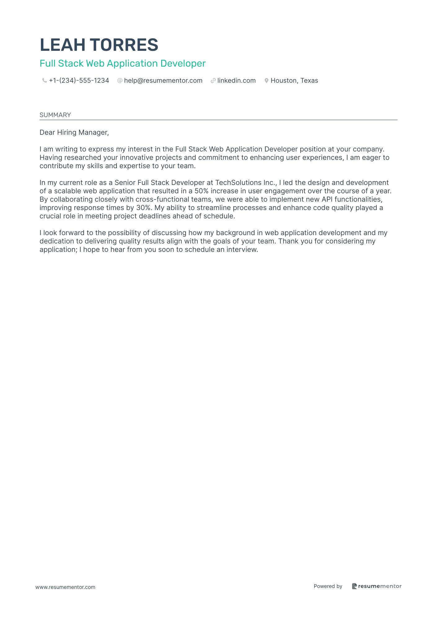 Full Stack Developer Cover Letter Examples by ResumeMentor.com ...