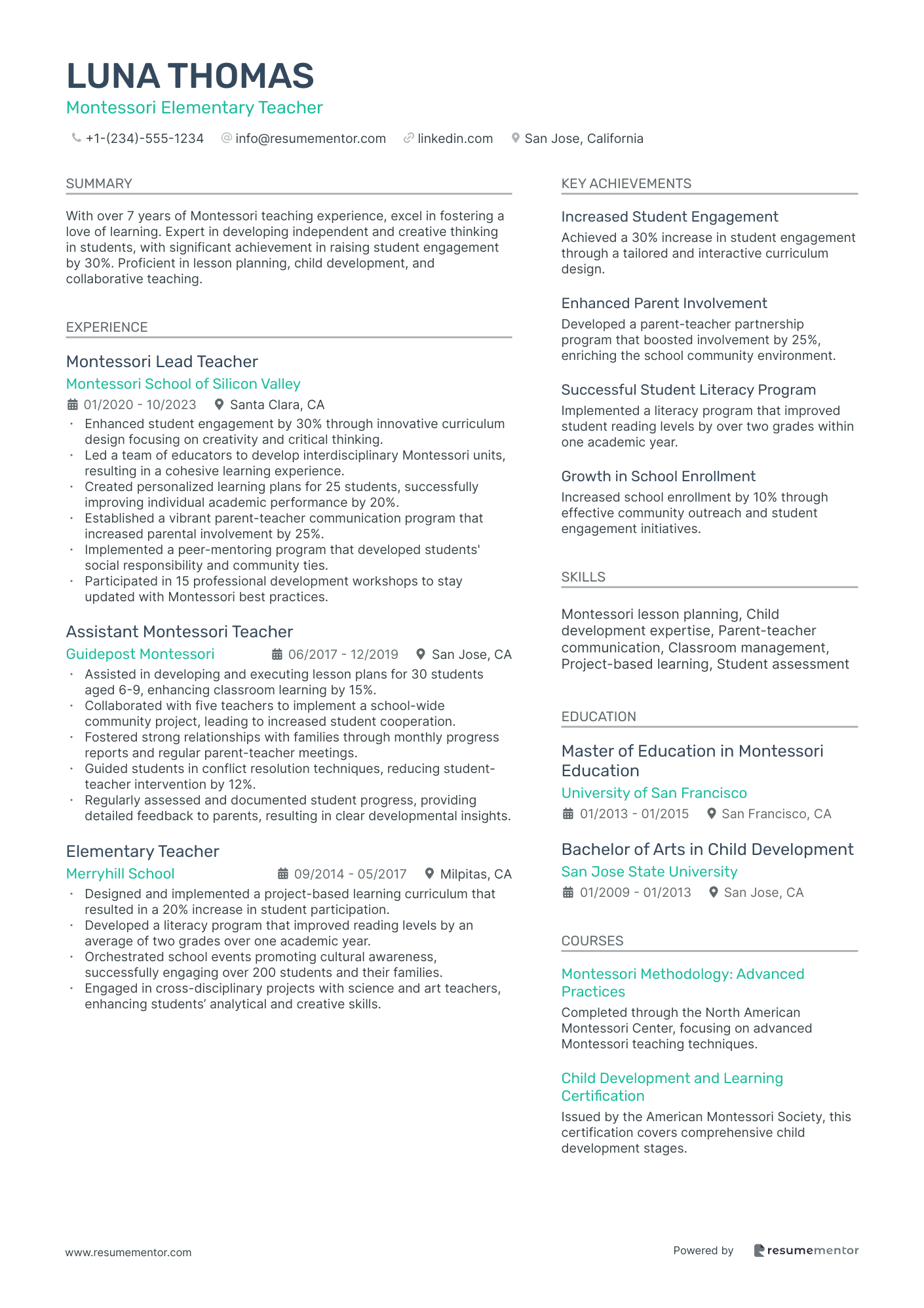 Montessori Teacher Resume Examples - Free to Edit ATS-Friendly PDF - 2025