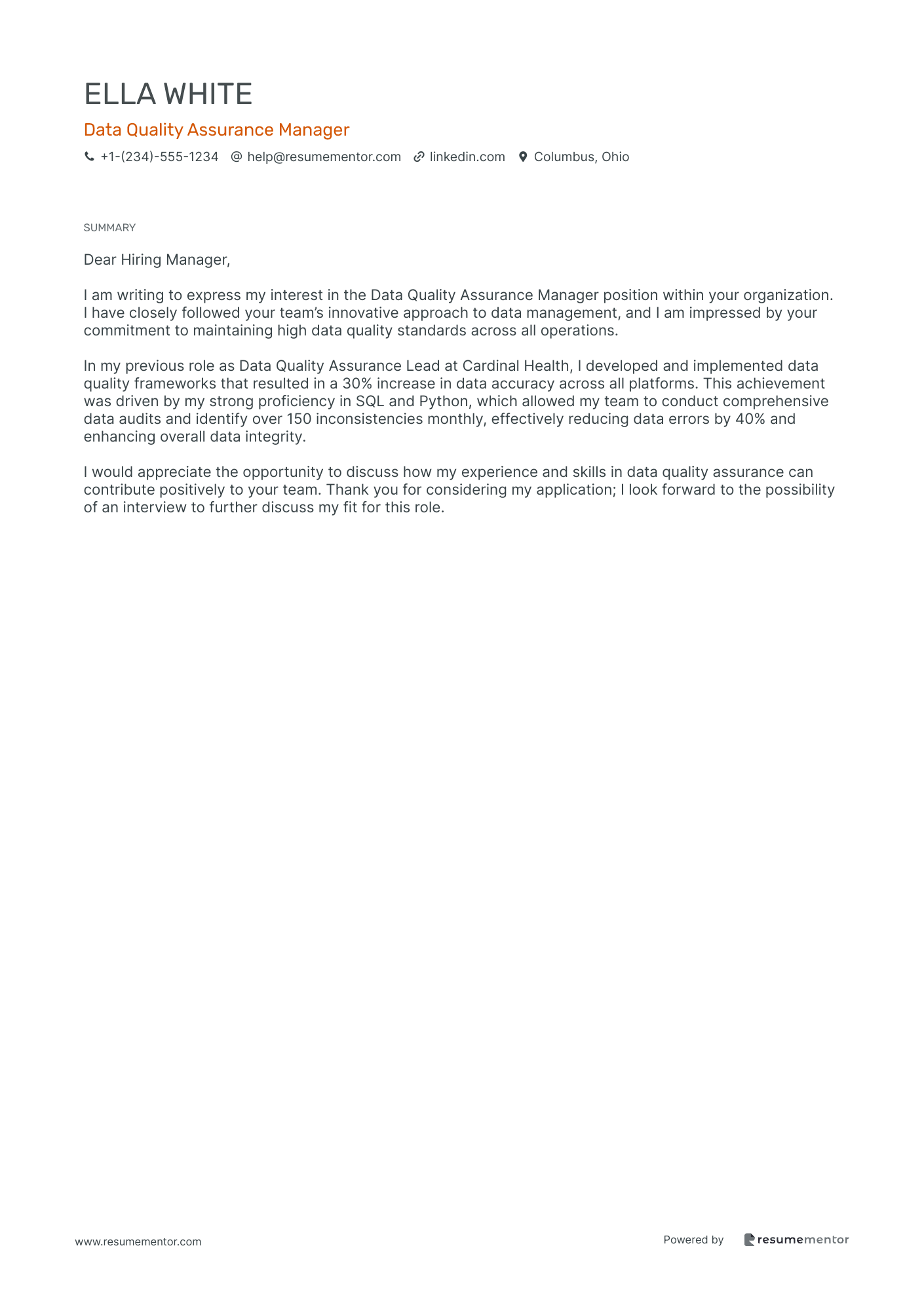Data Manager Cover Letter Examples by ResumeMentor.com - Professional ...
