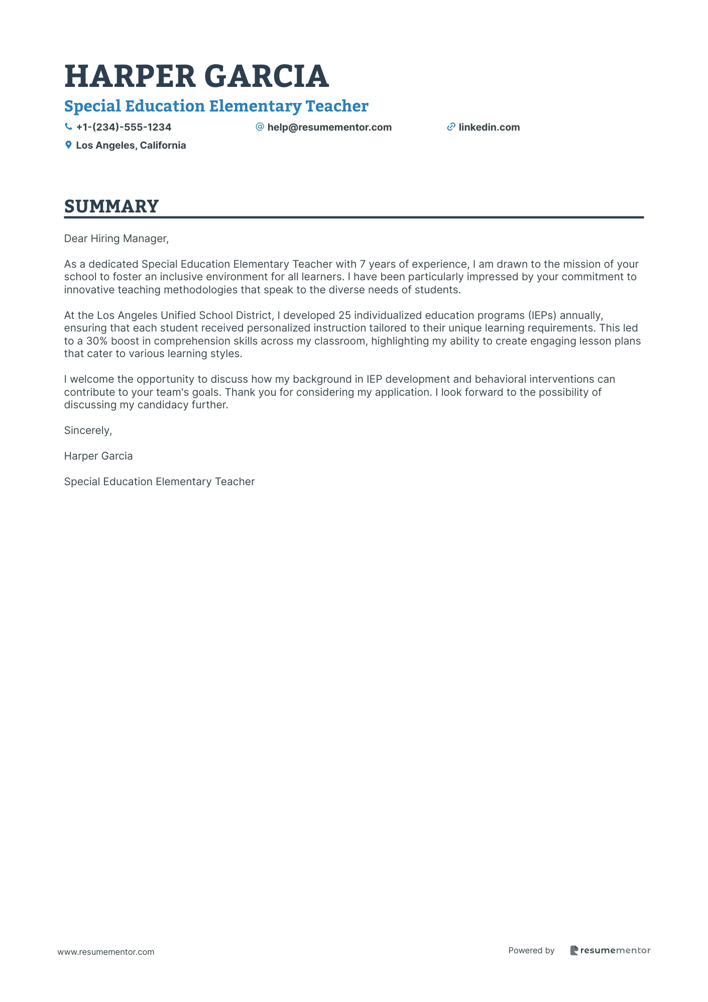 Elementary Teacher Cover Letter Examples by ResumeMentor.com ...