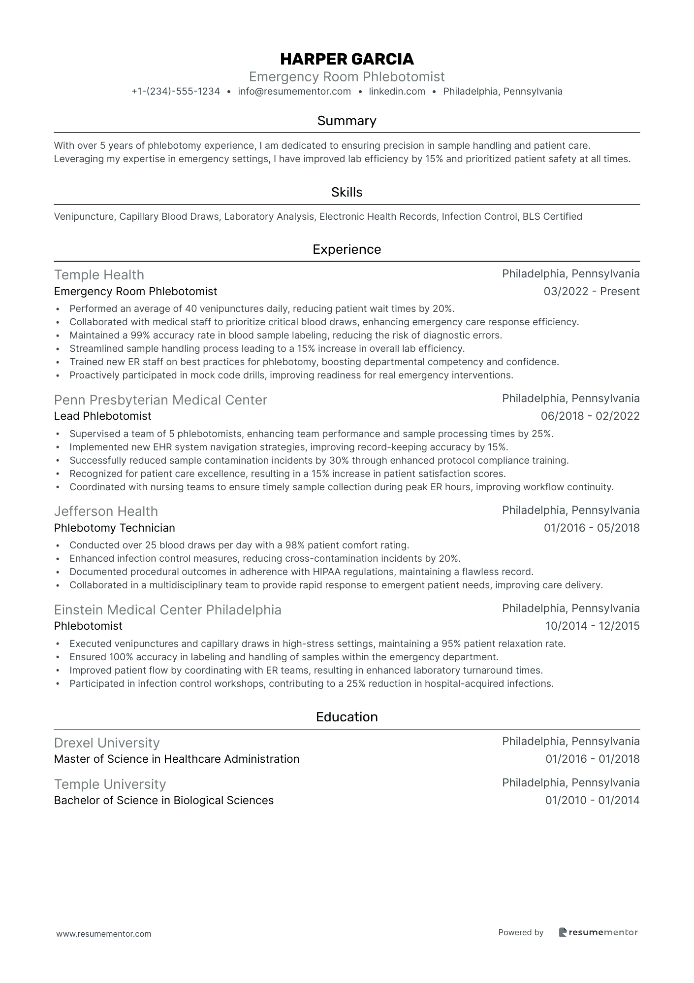 Phlebotomist Resume Examples - Free to Edit ATS-Friendly PDF - 2025
