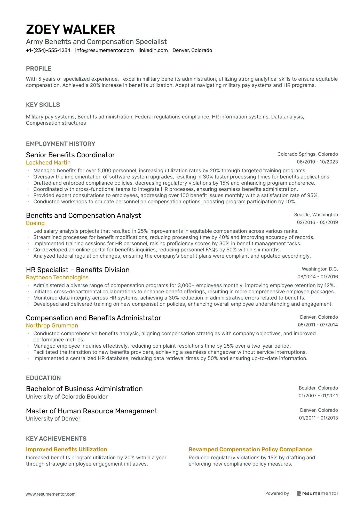 Army Human Resources Specialist Resume Example - Free to Edit ATS ...