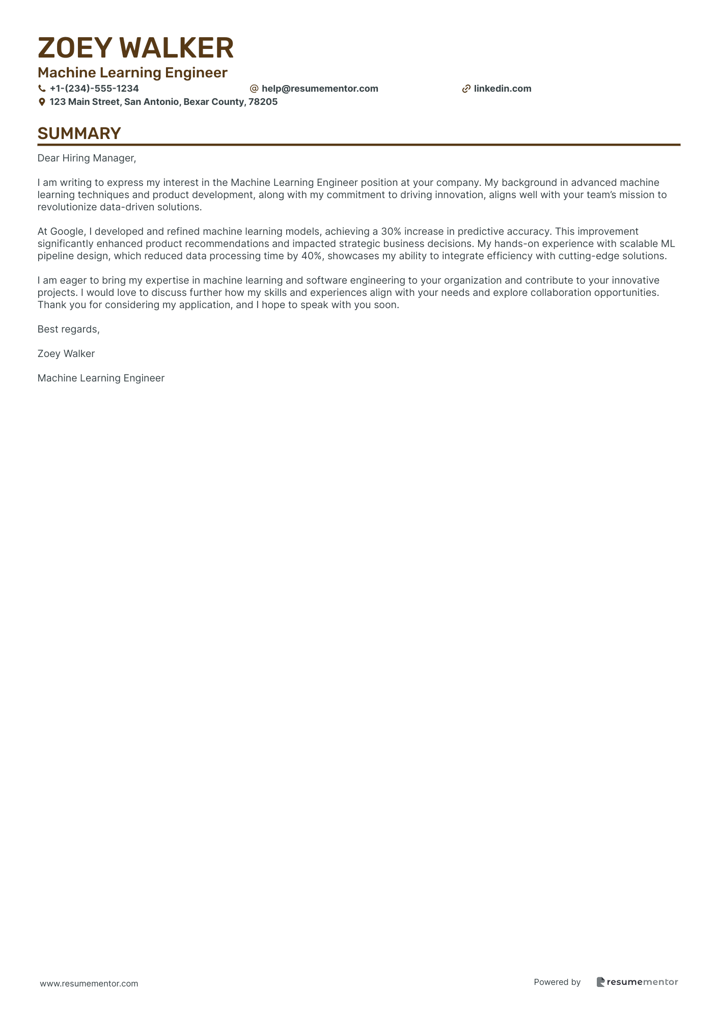 Machine Learning Cover Letter Examples by ResumeMentor.com ...