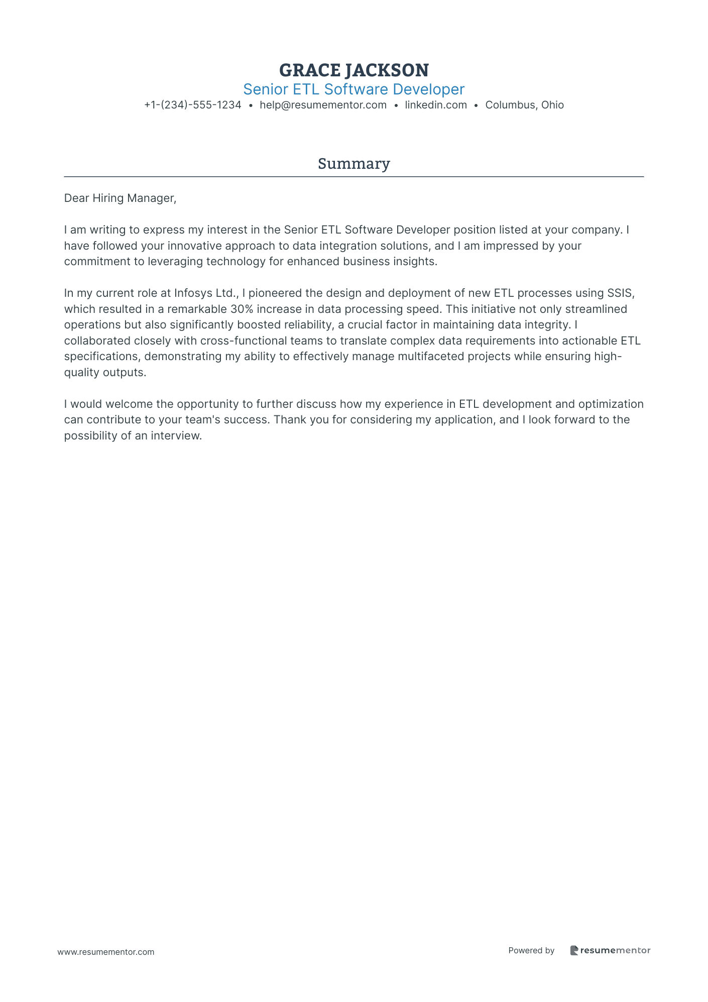 ETL Developer Cover Letter Examples by ResumeMentor.com - Professional ...