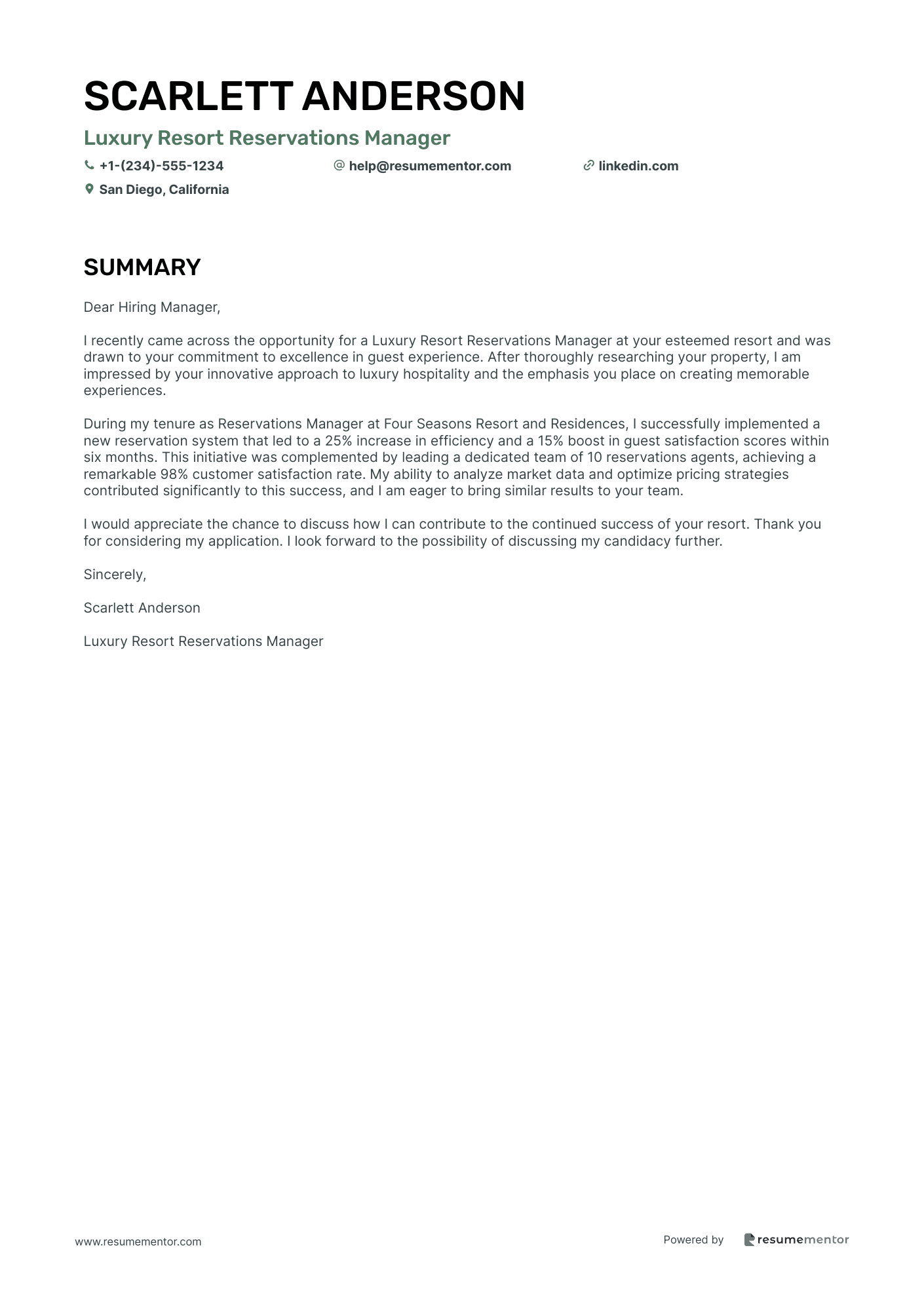 Reservations Manager Cover Letter Examples by ResumeMentor.com ...