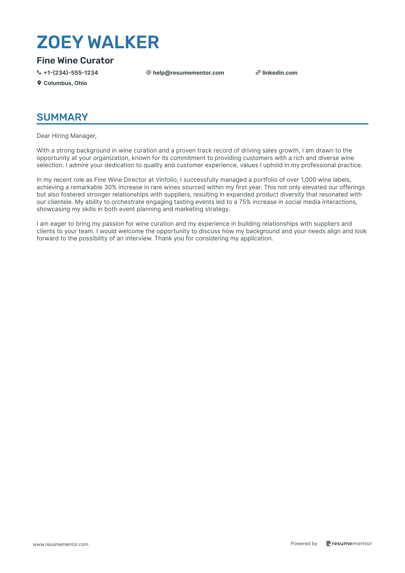 Sommelier Cover Letter Examples by ResumeMentor.com - Professional ...