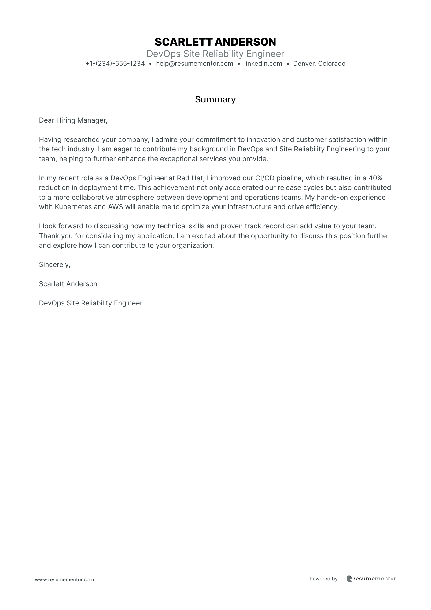Site Reliability Engineer Cover Letter Examples by ResumeMentor.com ...