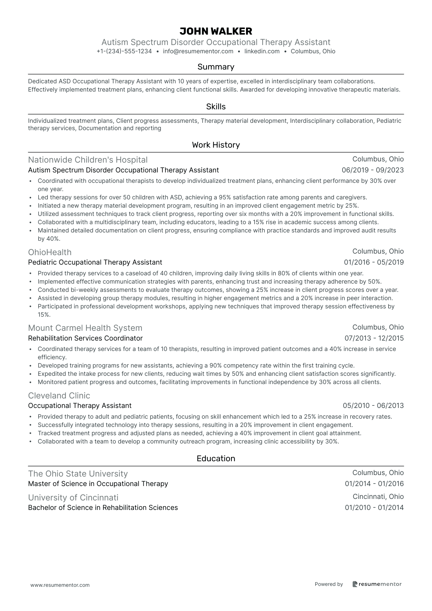 Occupational Therapy Assistant Resume Examples - Free to Edit ATS ...