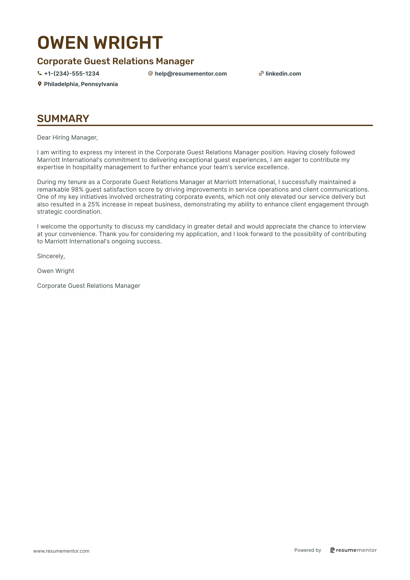 Guest Relations Manager Cover Letter Examples by ResumeMentor.com ...