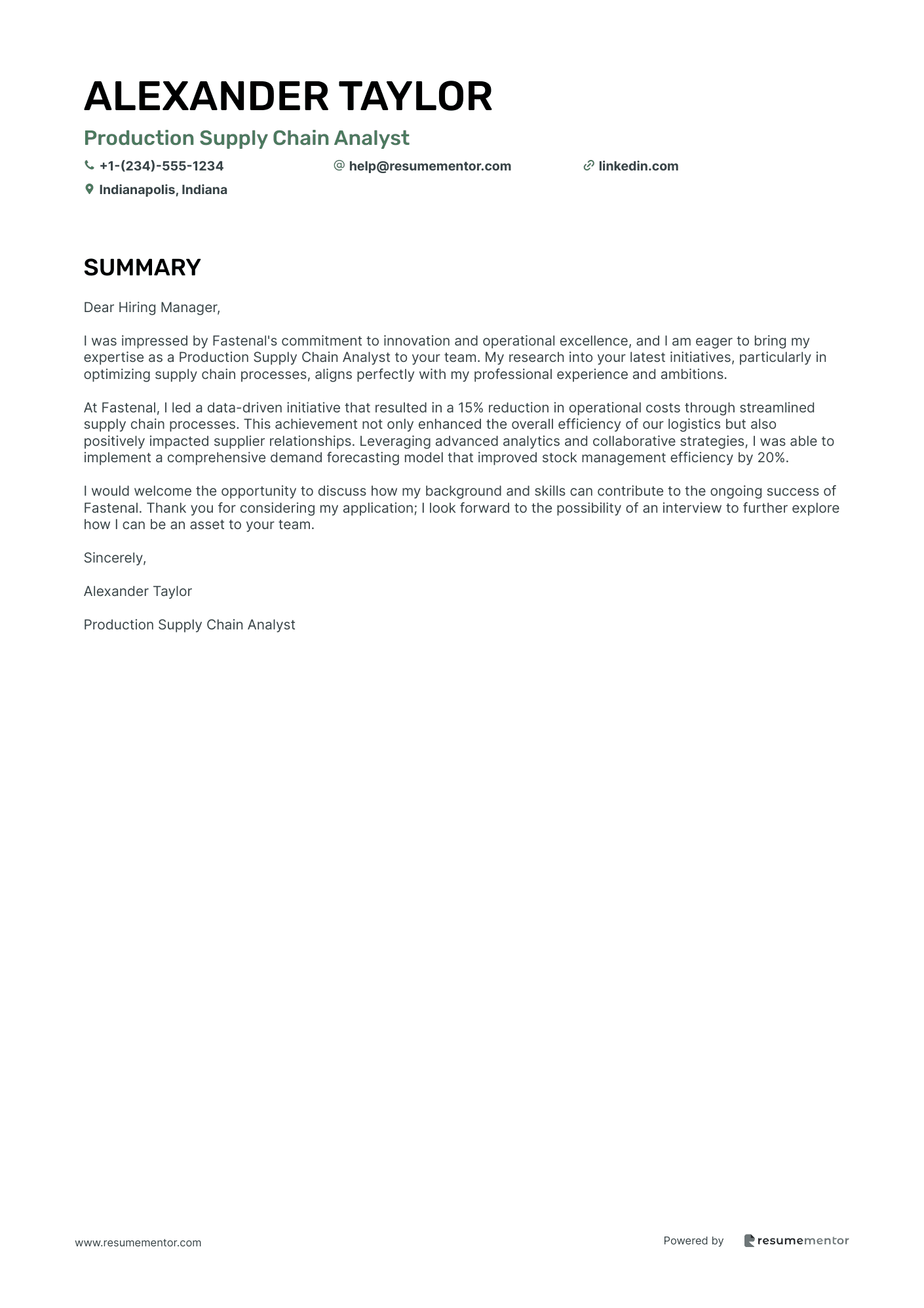 Supply Chain Analyst Cover Letter Examples by ResumeMentor.com ...
