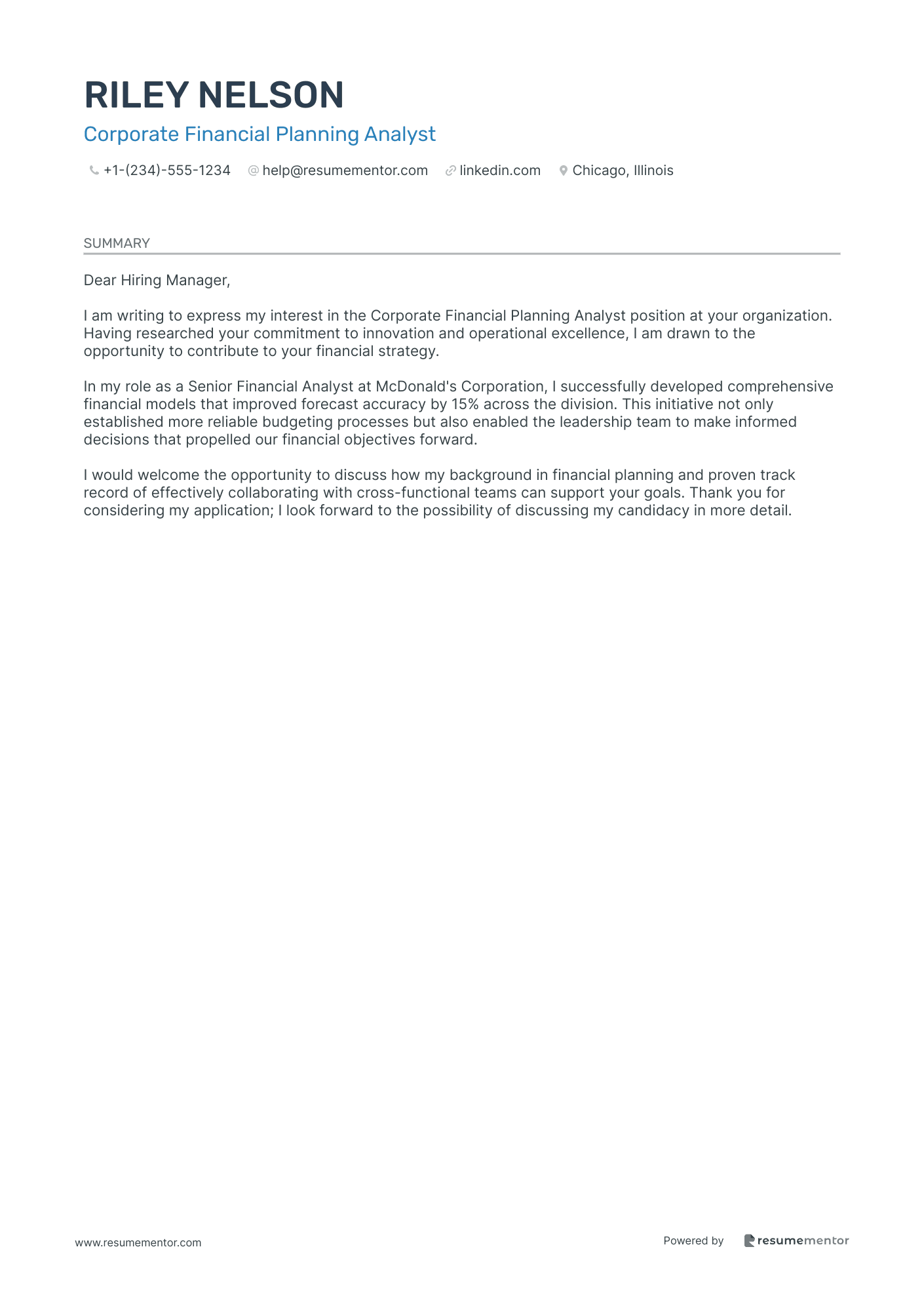 Financial Planning Analyst Cover Letter Examples by ResumeMentor.com ...