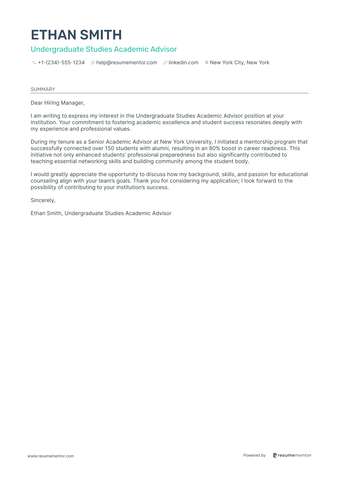 Academic Advisor Cover Letter Examples by ResumeMentor.com ...
