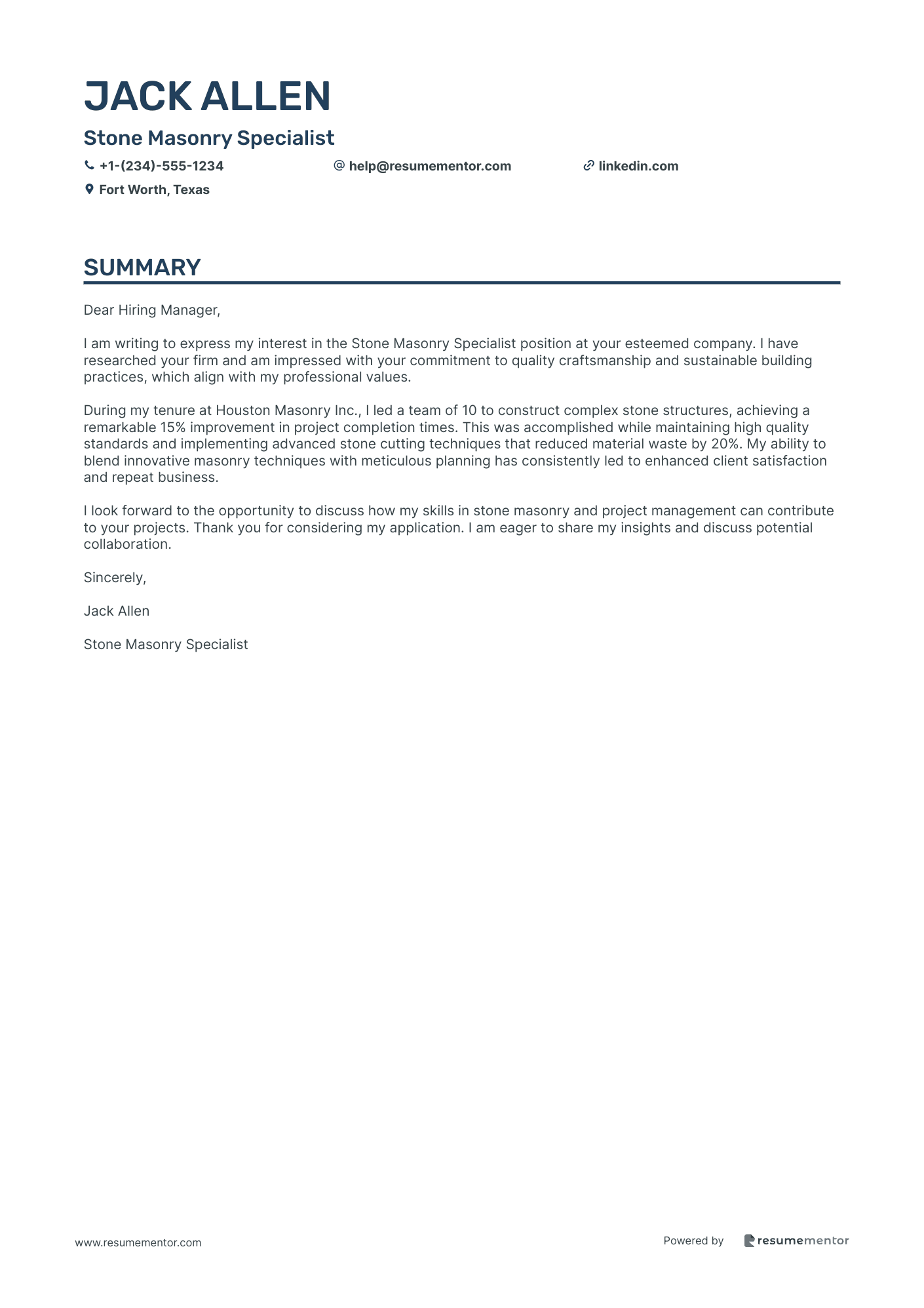 Bricklayer Cover Letter Examples by ResumeMentor.com - Professional ...
