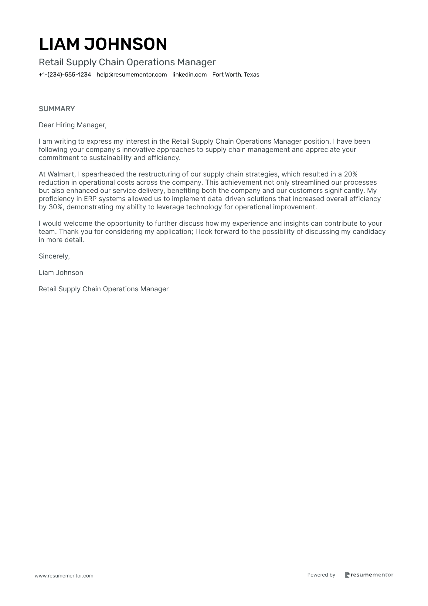 Retail Operations Manager Cover Letter Examples by ResumeMentor.com ...