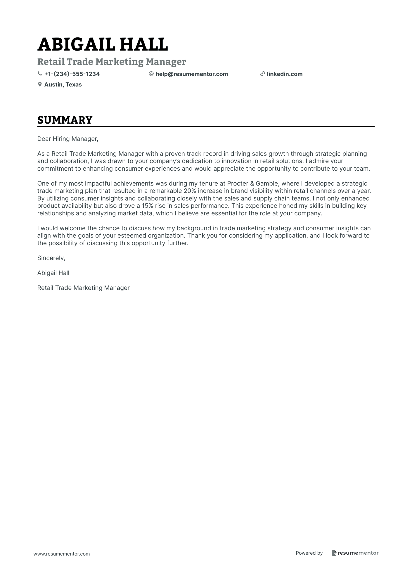 Trade Marketing Cover Letter Examples by ResumeMentor.com ...