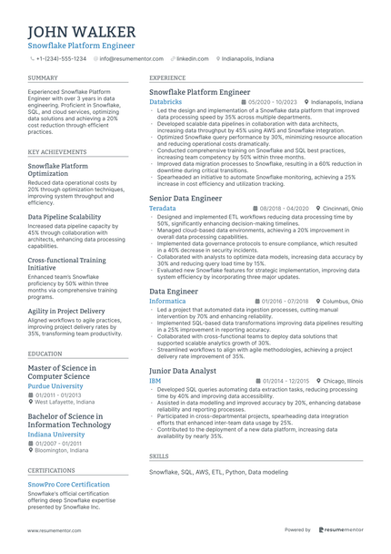 Snowflake Developer Resume Example - Free to Edit ATS-Friendly PDF - 2025