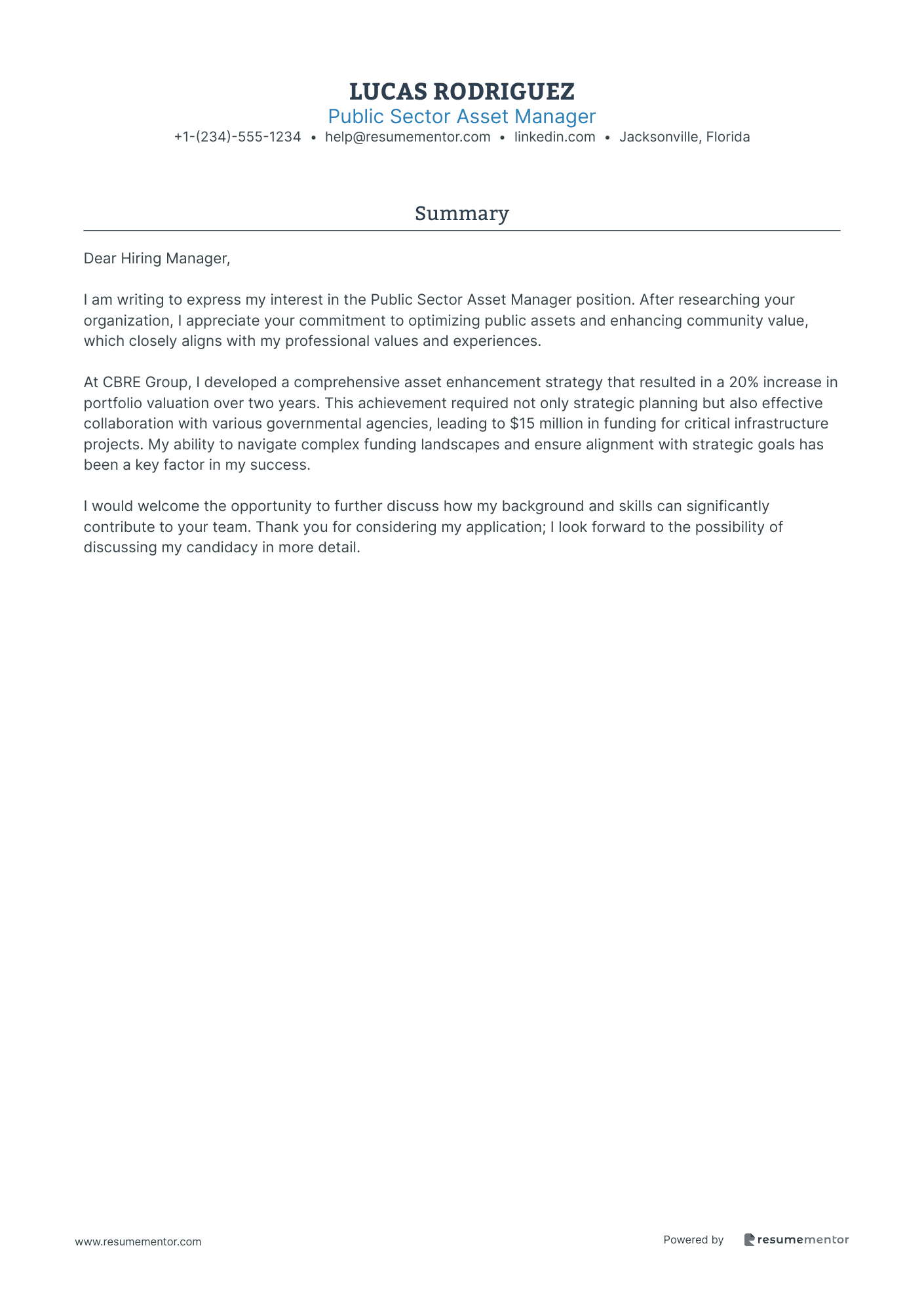 Asset Manager Cover Letter Examples by ResumeMentor.com - Professional ...