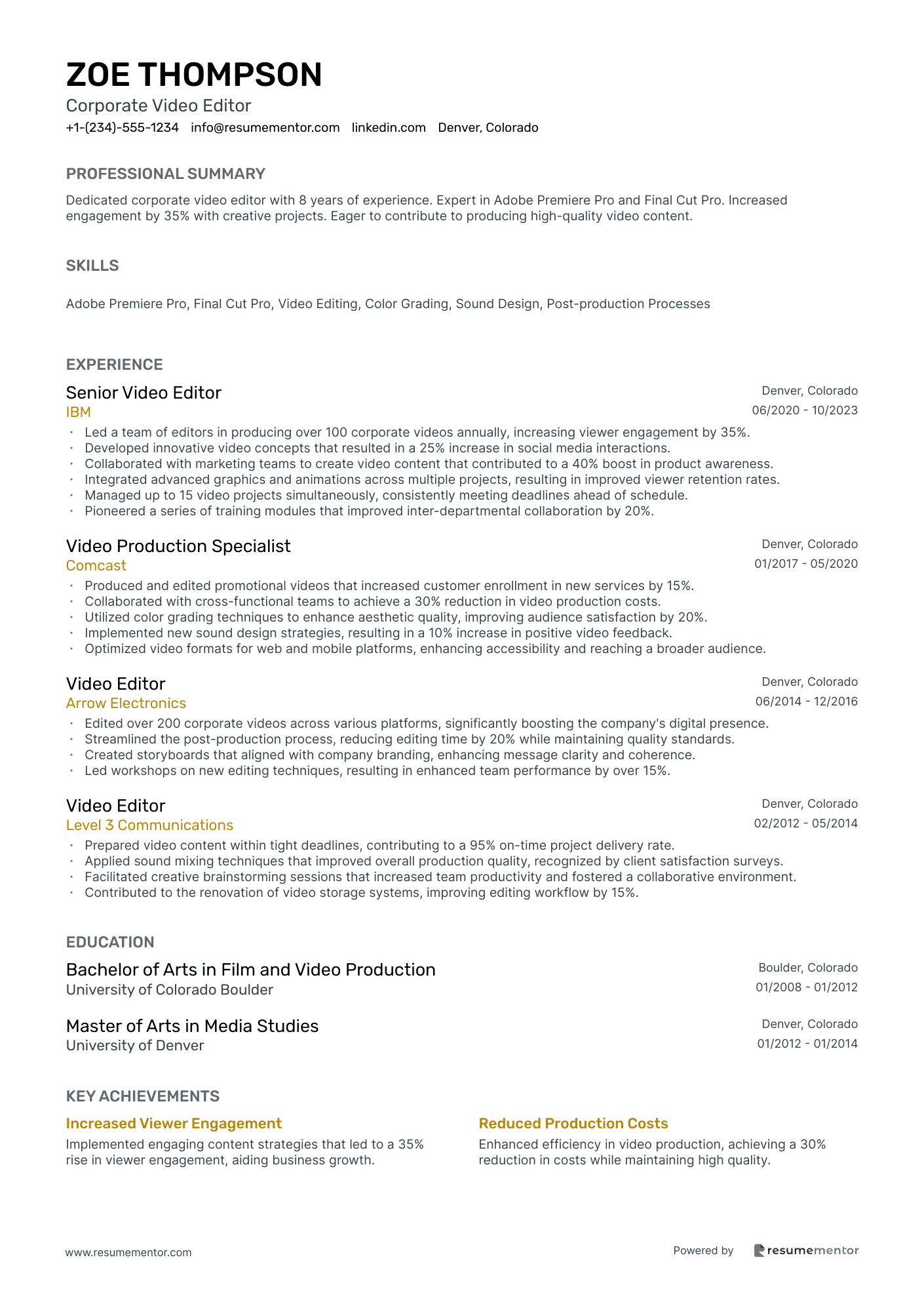 Video Editor Resume Examples - Free to Edit ATS-Friendly PDF - 2025