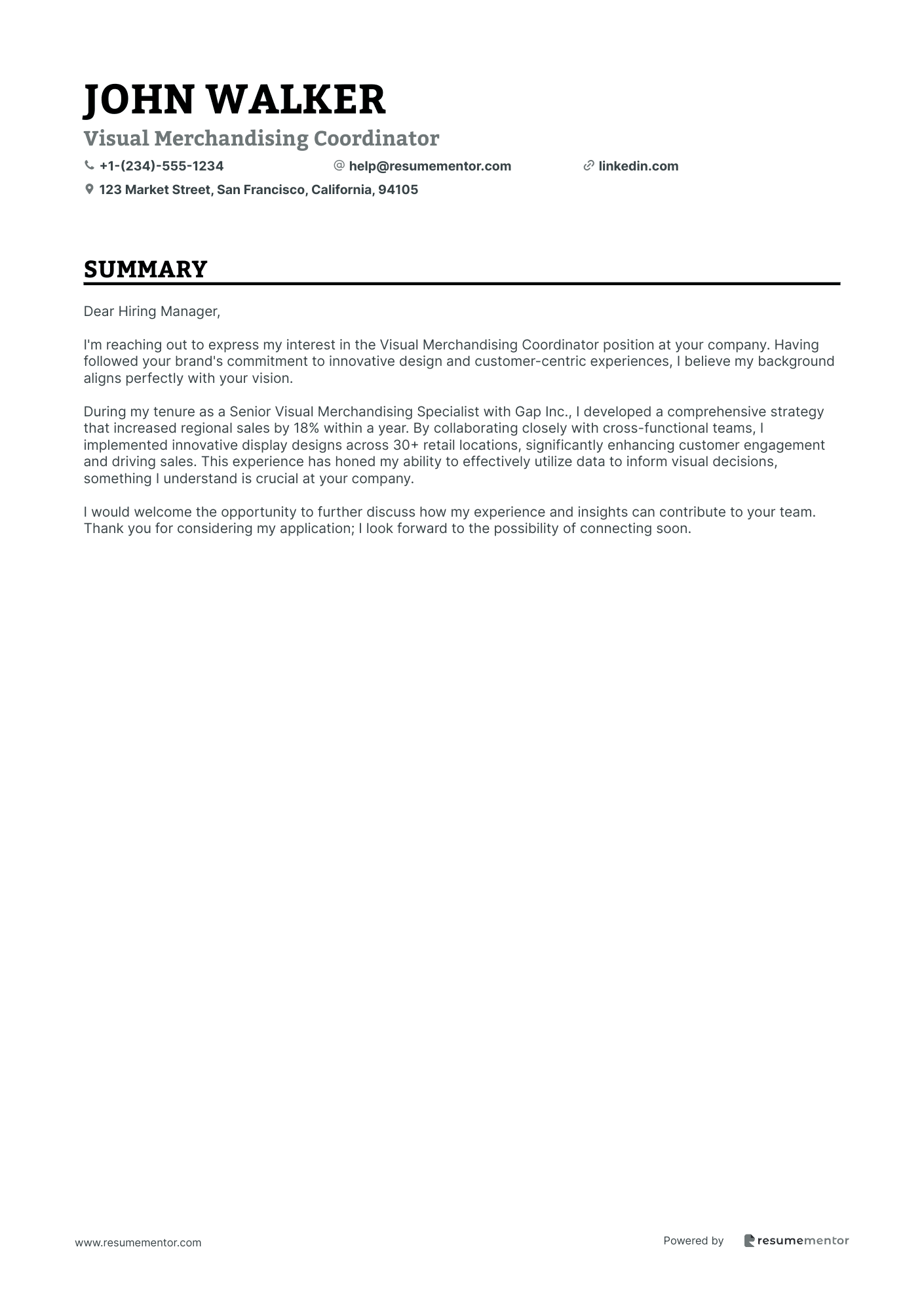 Visual Merchandiser Cover Letter Examples by ResumeMentor.com ...