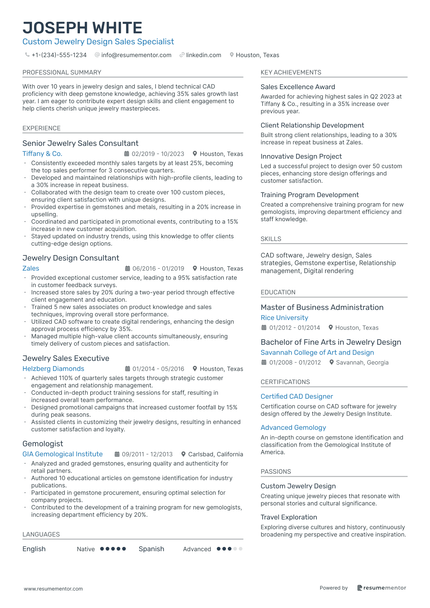 Jewelry Sales Resume Example - Free to Edit ATS-Friendly PDF - 2025