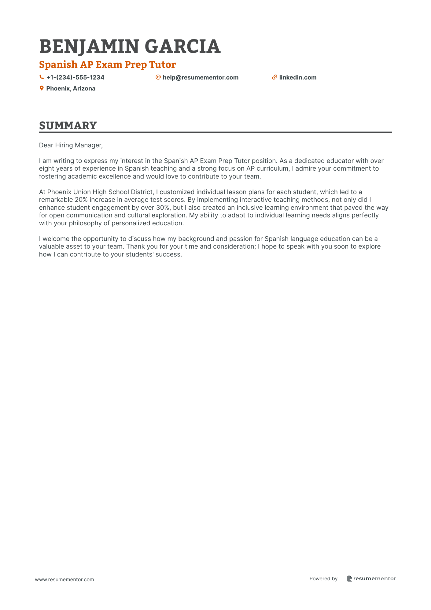 Spanish Teacher Cover Letter Examples by ResumeMentor.com ...