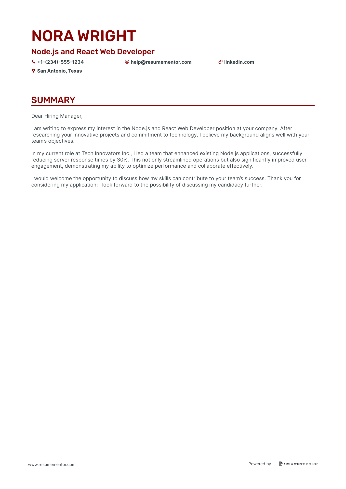 Node JS Developer Cover Letter Examples by ResumeMentor.com ...