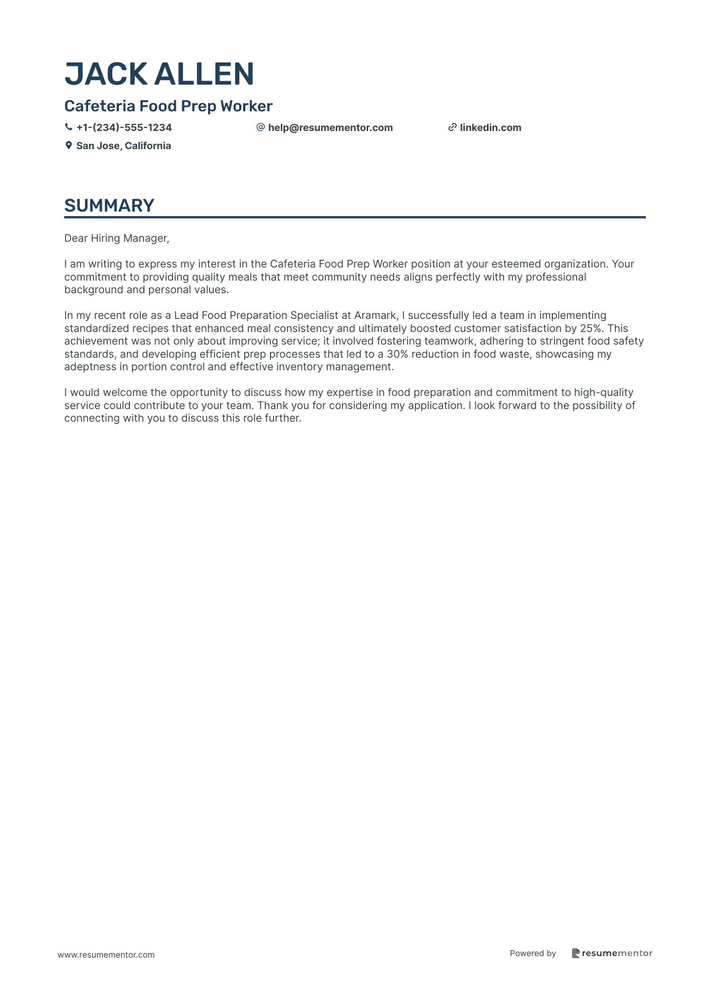 Food Service Worker Cover Letter Examples by ResumeMentor.com ...